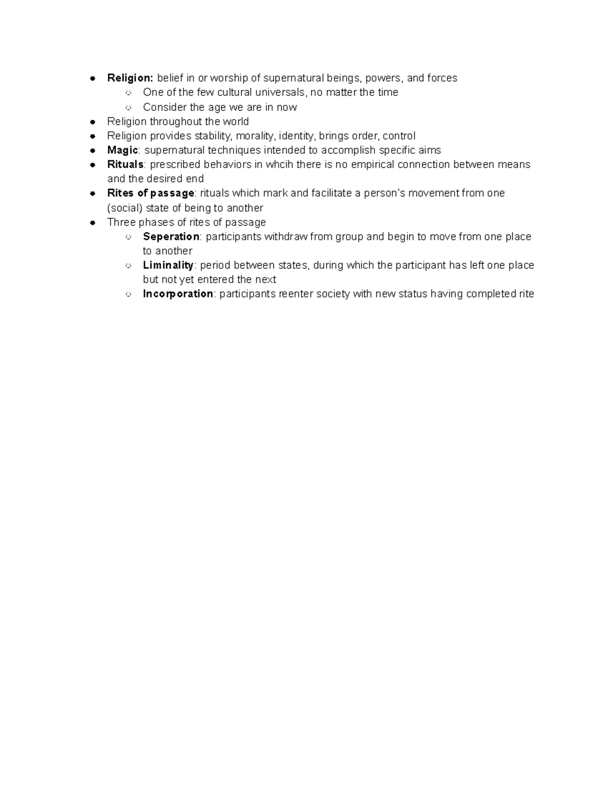 Lecture 9 Religion and Rites of Passage - Religion: belief in or ...