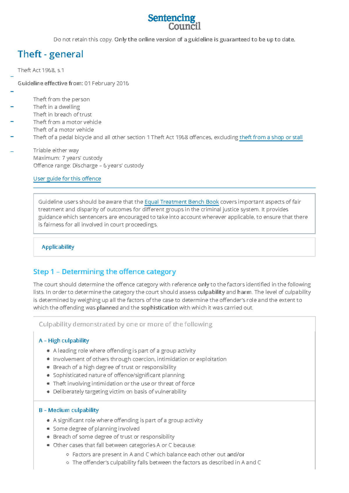 Theft Sentencing Guideline - Do not retain this copy. Only the online ...