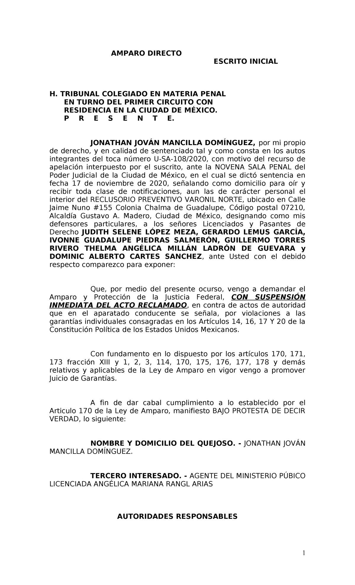Amparo jonathan - AMPARO DIRECTO ESCRITO INICIAL H. TRIBUNAL COLEGIADO ...