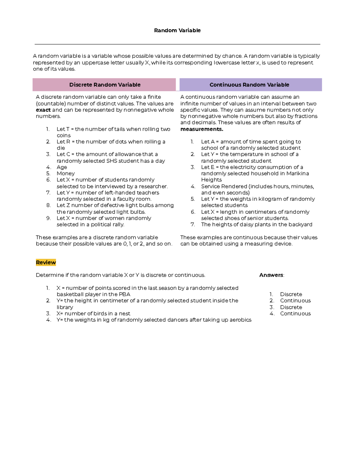 Grade 11 Statistics and Probability - ####### Random Variable ####### A ...