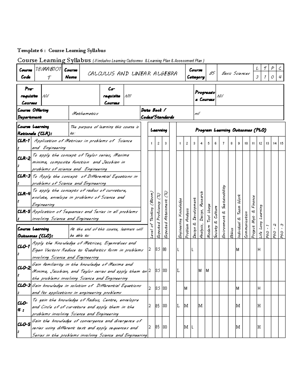 Calculus and linear algebra - Template 6 : Course Learning Syllabus ...