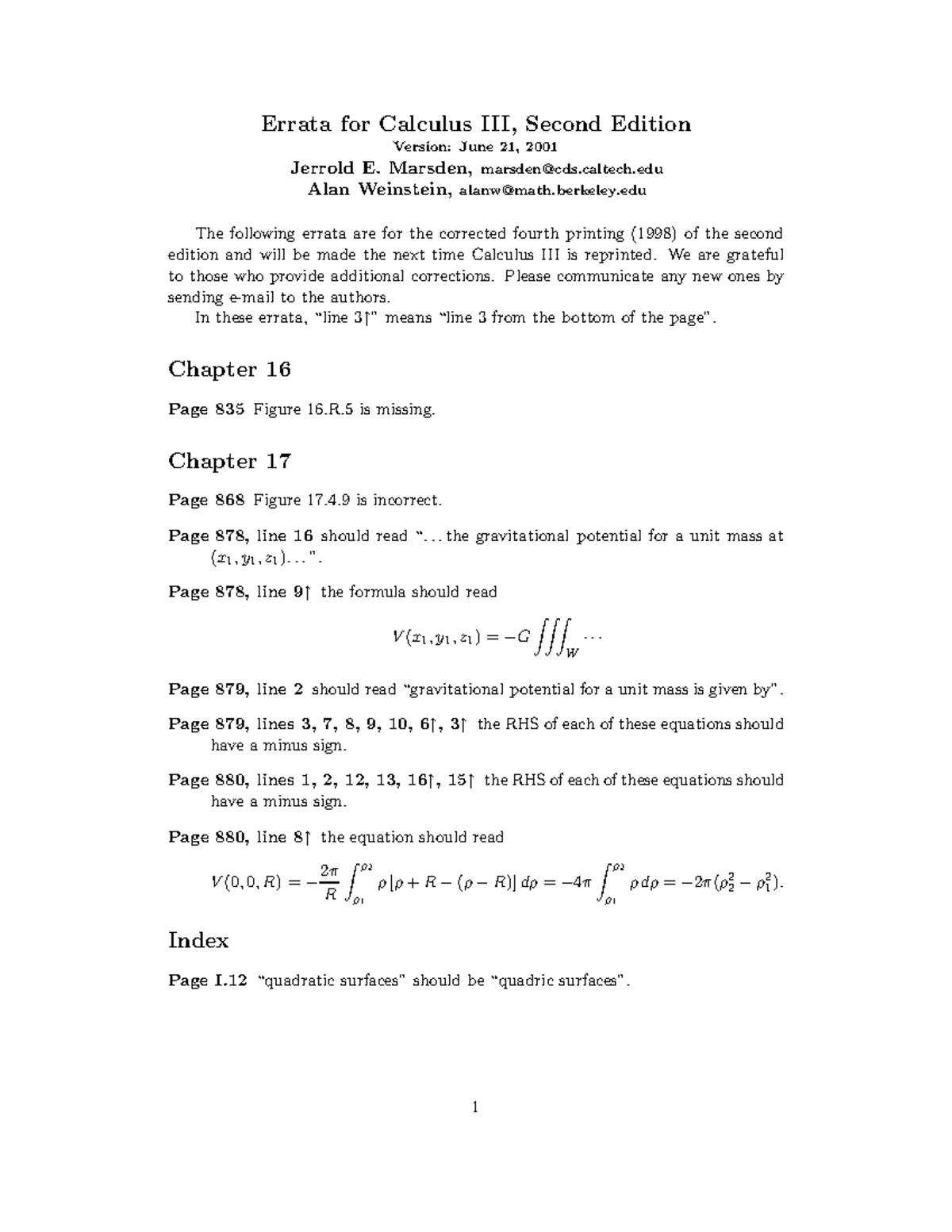 Calc iii caltech errata 1 - Errata for Calculus III, Second Edition ...