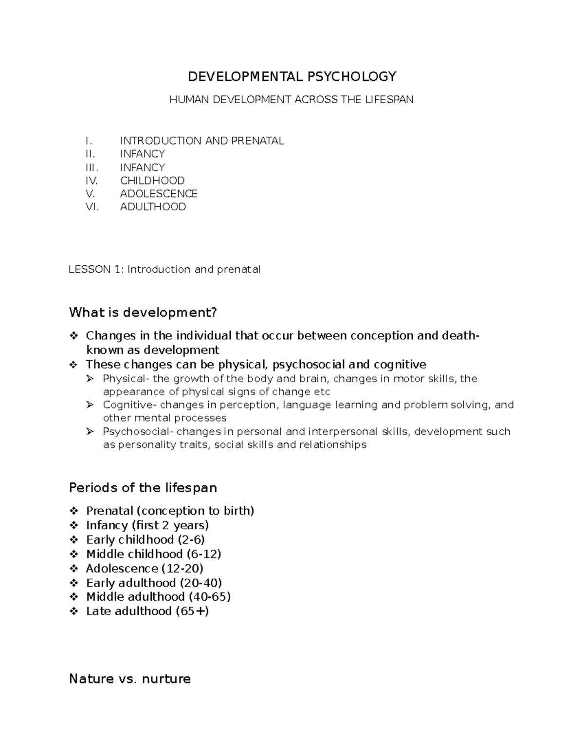 Developmental Psychology Notes - DEVELOPMENTAL PSYCHOLOGY HUMAN ...