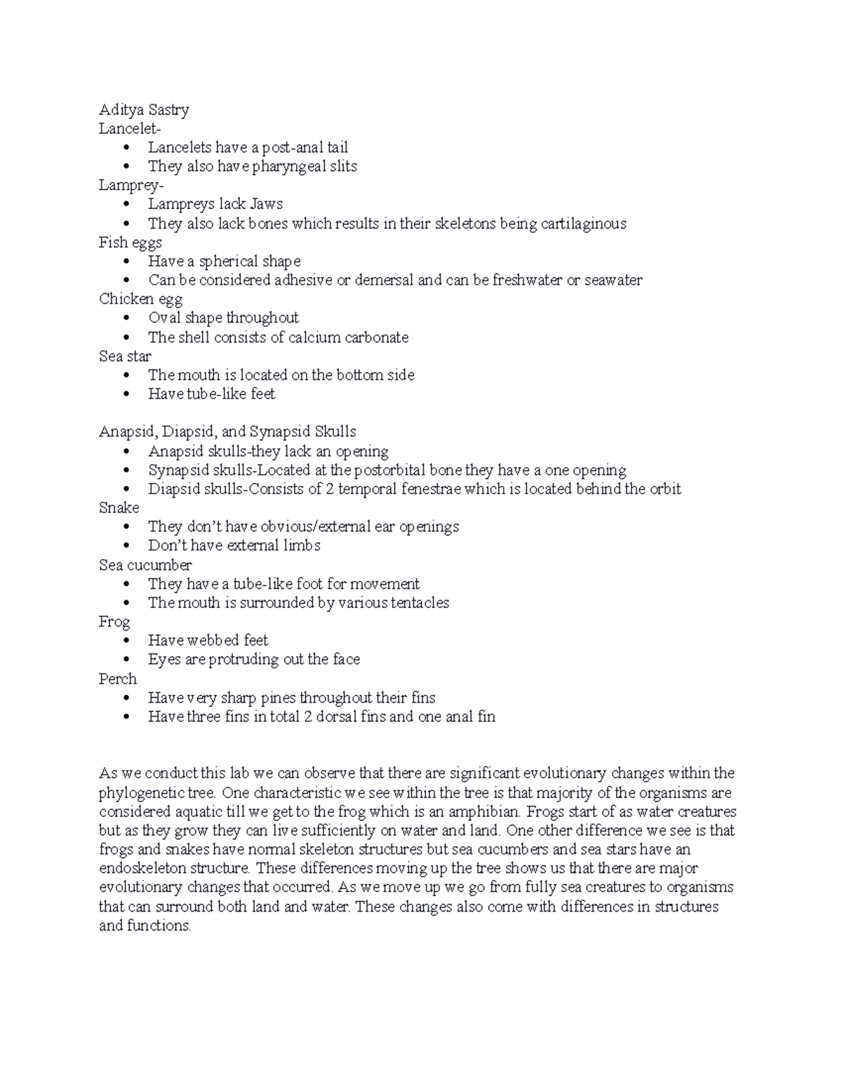 Bio 112 lab 8 final - bio - Aditya Sastry Lancelet- Lancelets have a ...