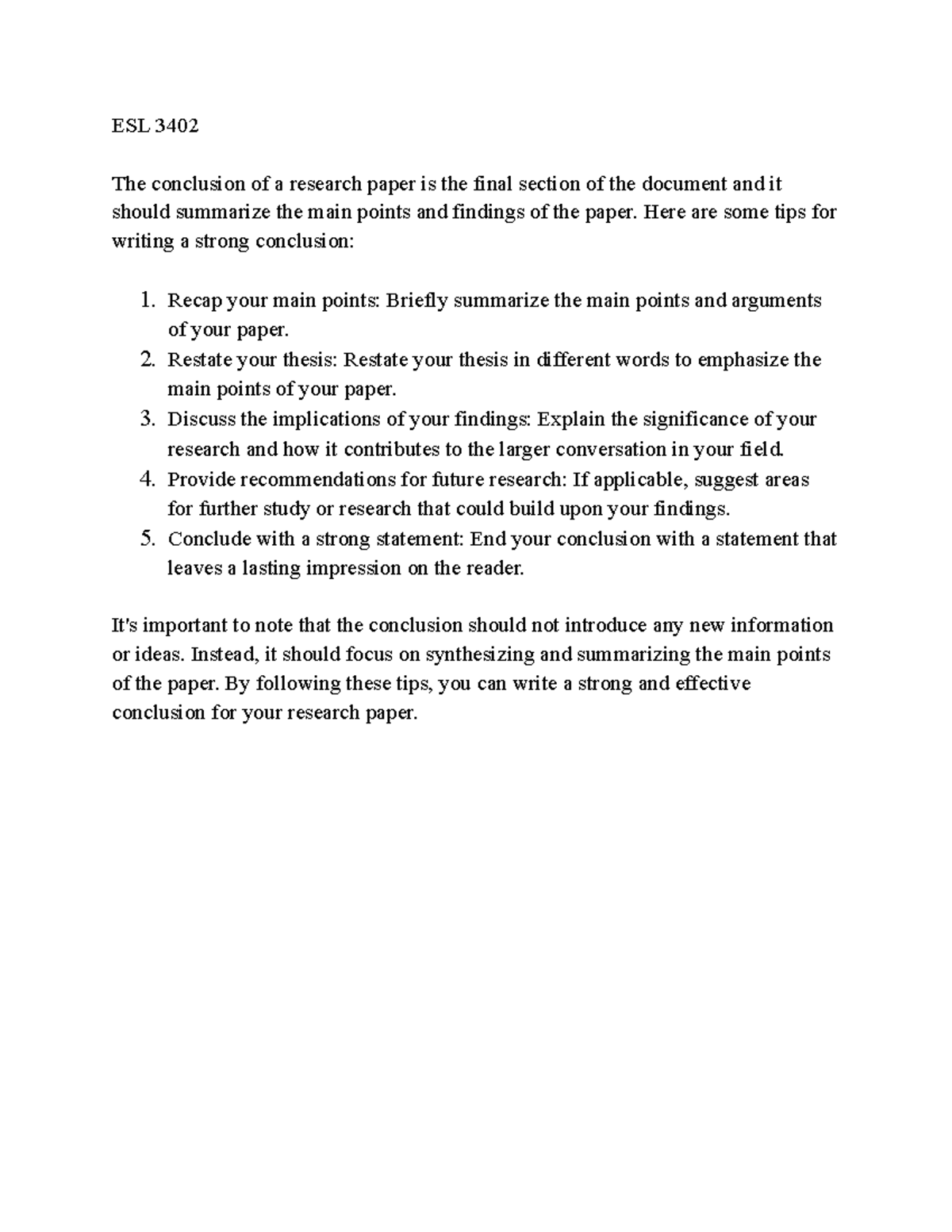 Conclusion writing in research paper - ESL 3402 The conclusion of a ...