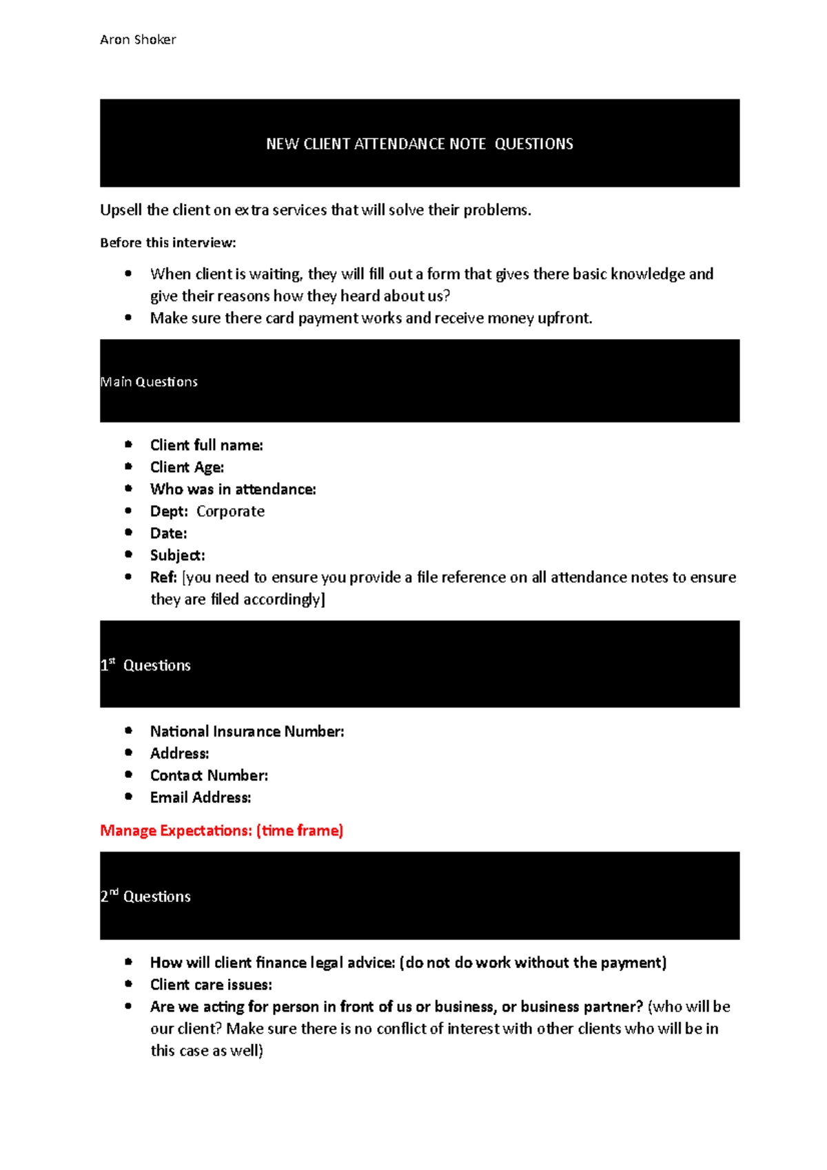 Attendance Note Template - Aron Shoker NEW CLIENT ATTENDANCE NOTE ...