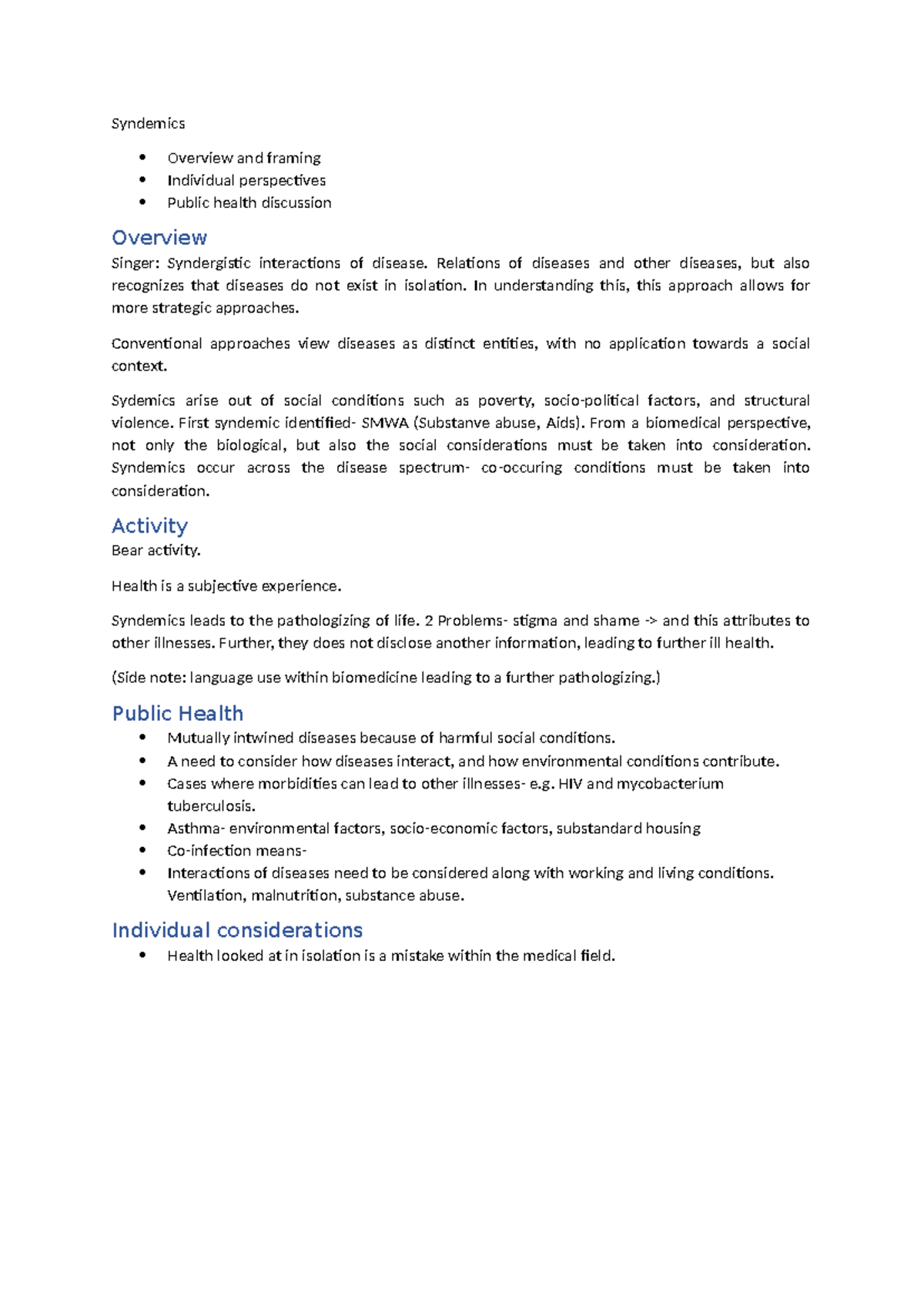 Lecture Notes Medical Anthro Syndemics - Syndemics Overview and framing ...