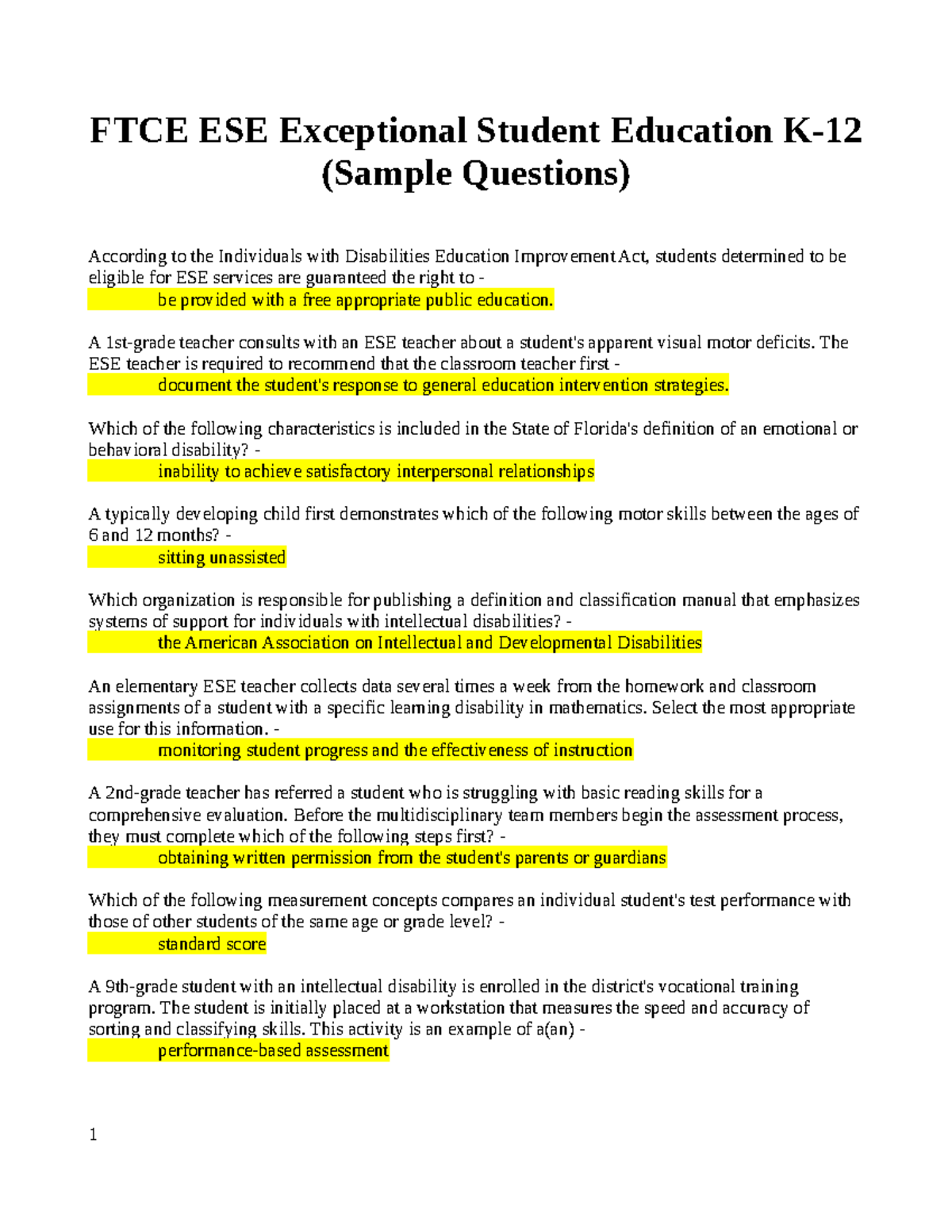 FTCE ESE Exceptional Student Education K-12 (Sample Questions) - FTCE ...