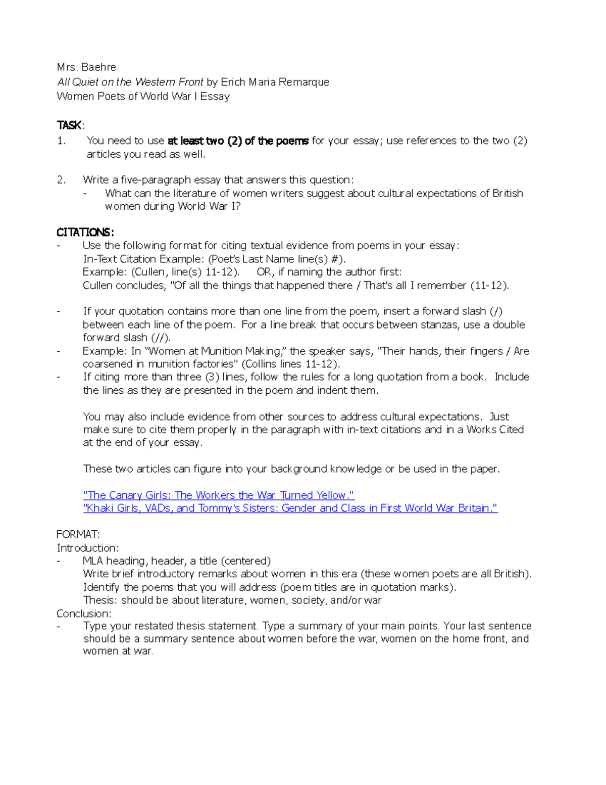 Final Essay - WWI Women Poetry - Mrs. Baehre All Quiet on the Western ...