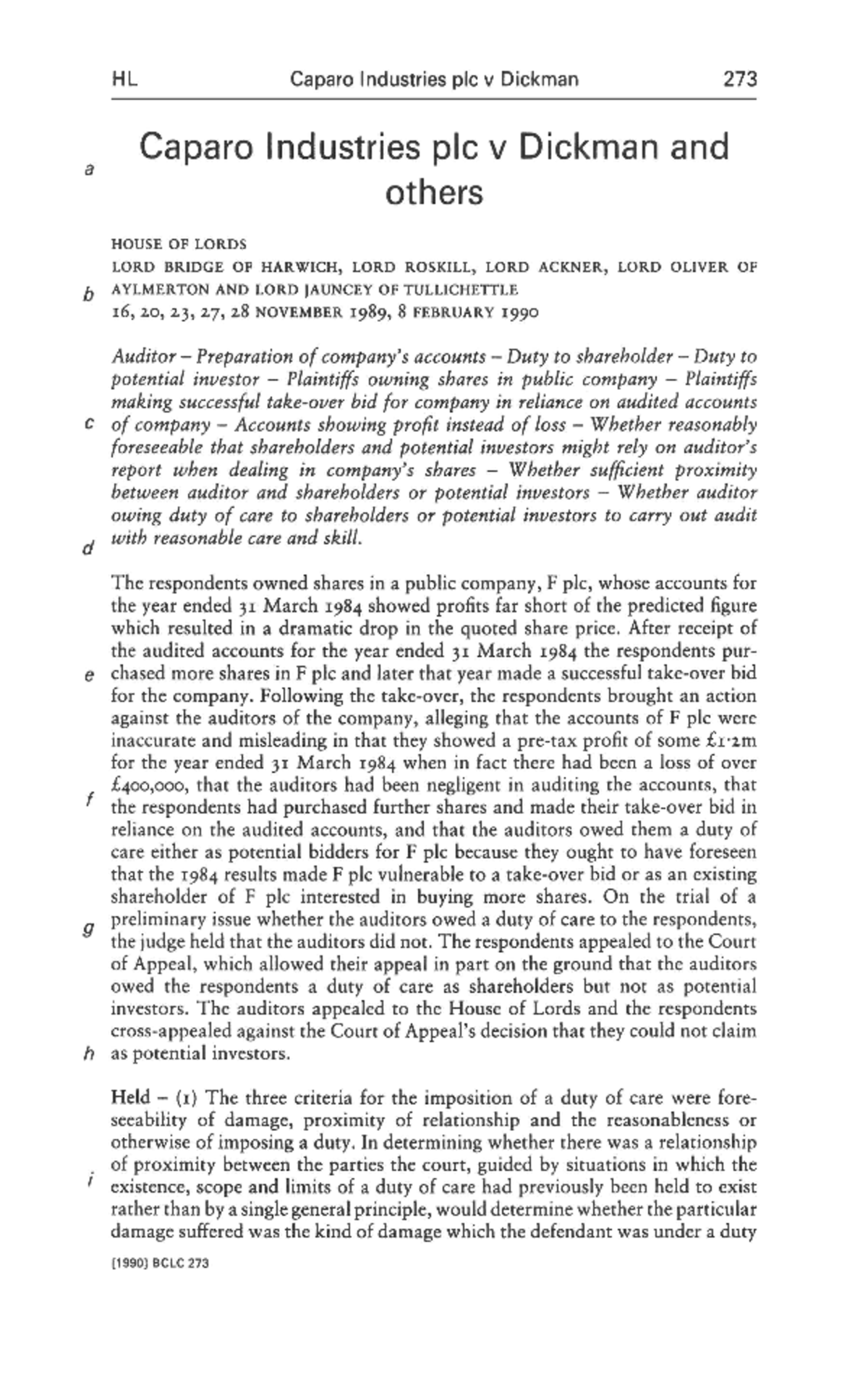 01 Case Caparo Industries plc v Dickman and others [1990] BCLC 273 ...