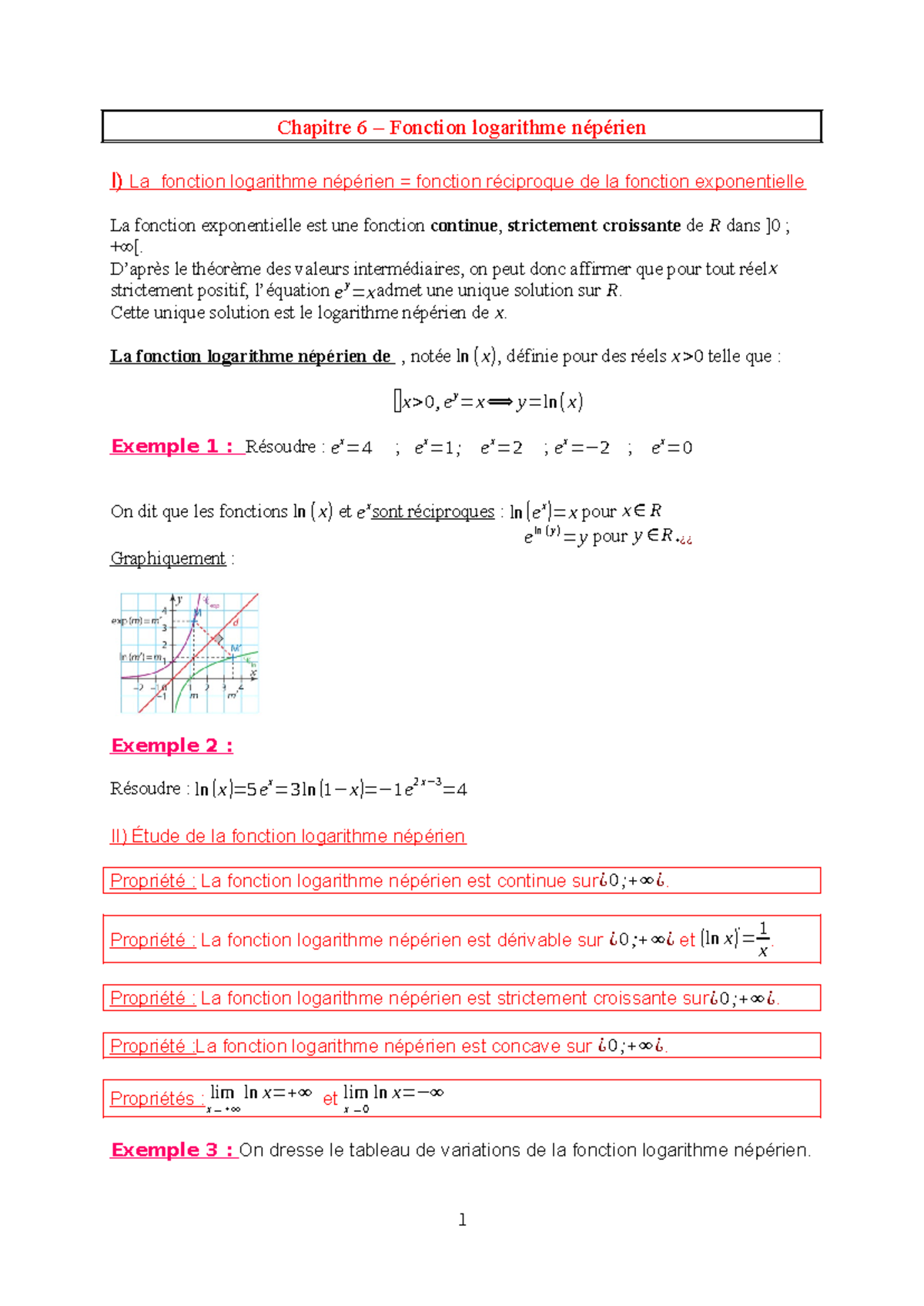 Cours - Chapitre 6 – Fonction logarithme népérien I) La fonction ...