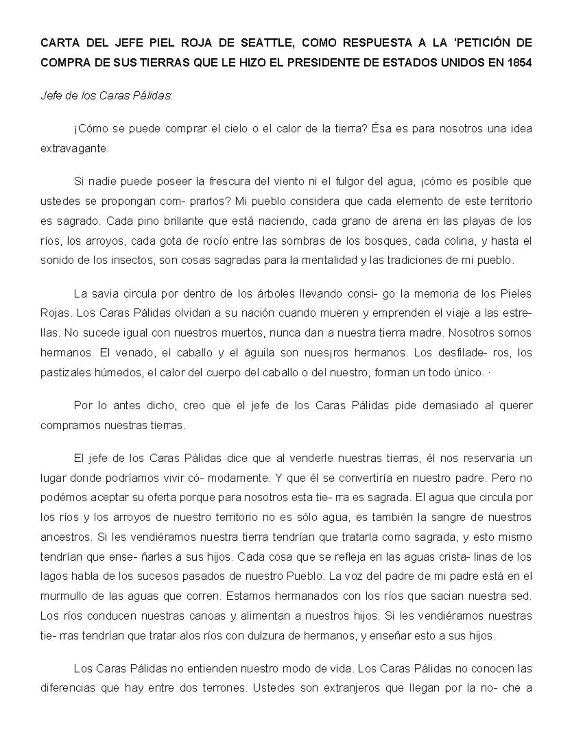 Analisis de lectura Carta DEL JEFE PIEL ROJA DE Seattle - CARTA DEL ...