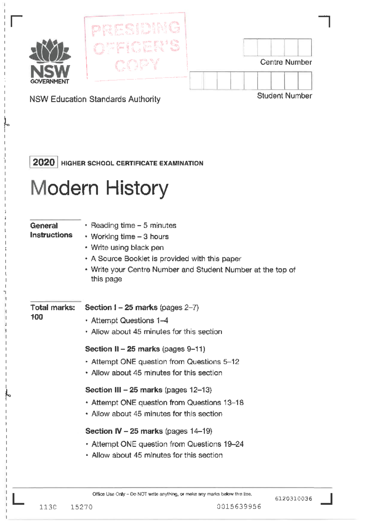 2020 HSC Modern History-1 - PRESIDING COPY Centre Number NSW GOVERNMENT ...