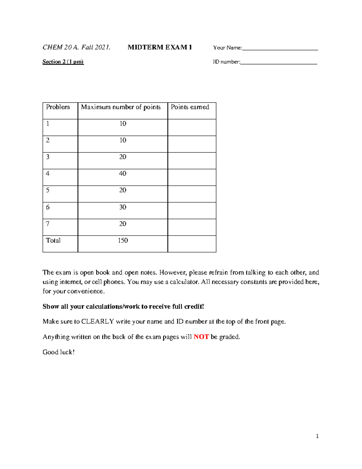 Chem 20A - Midterm 1 (Section 2) - CHEM 20 A. Fall 2021. MIDTERM EXAM 1 ...