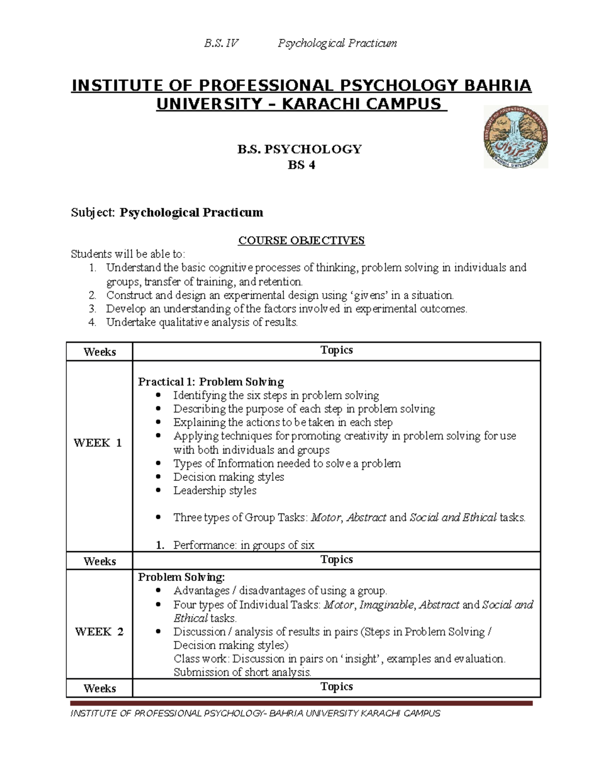 Practicum course outline - INSTITUTE OF PROFESSIONAL PSYCHOLOGY BAHRIA ...