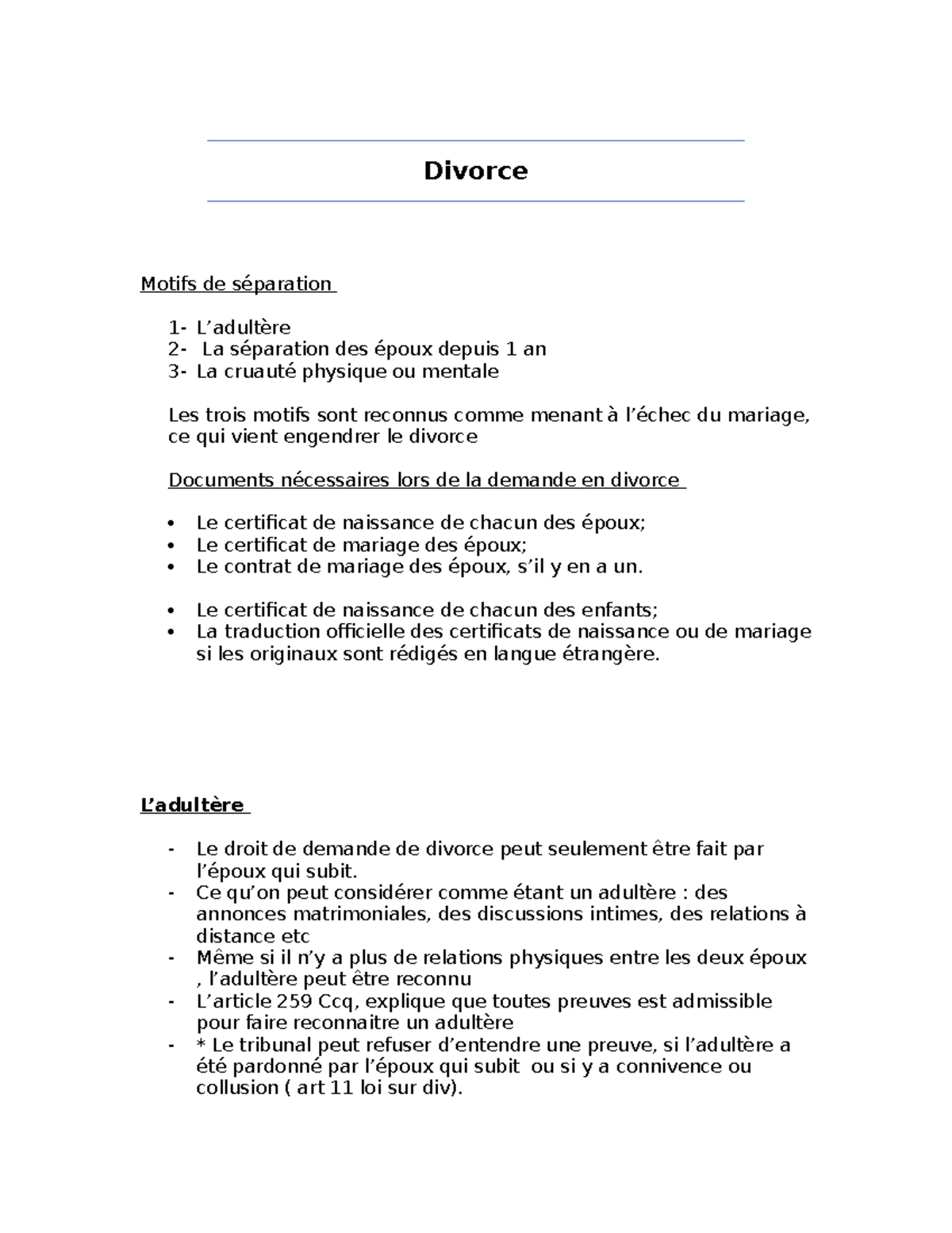 Divorce - travail - Divorce Motifs de séparation 1- L’adultère 2- La ...