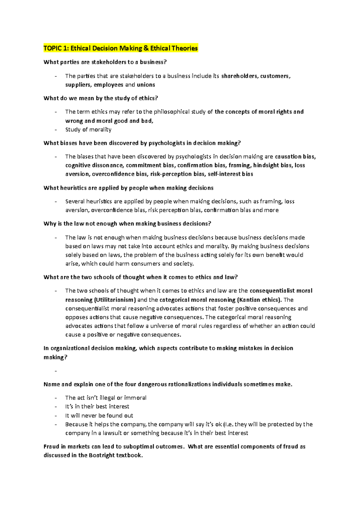Topic-1-questions - TOPIC 1: Ethical Decision Making & Ethical Theories ...