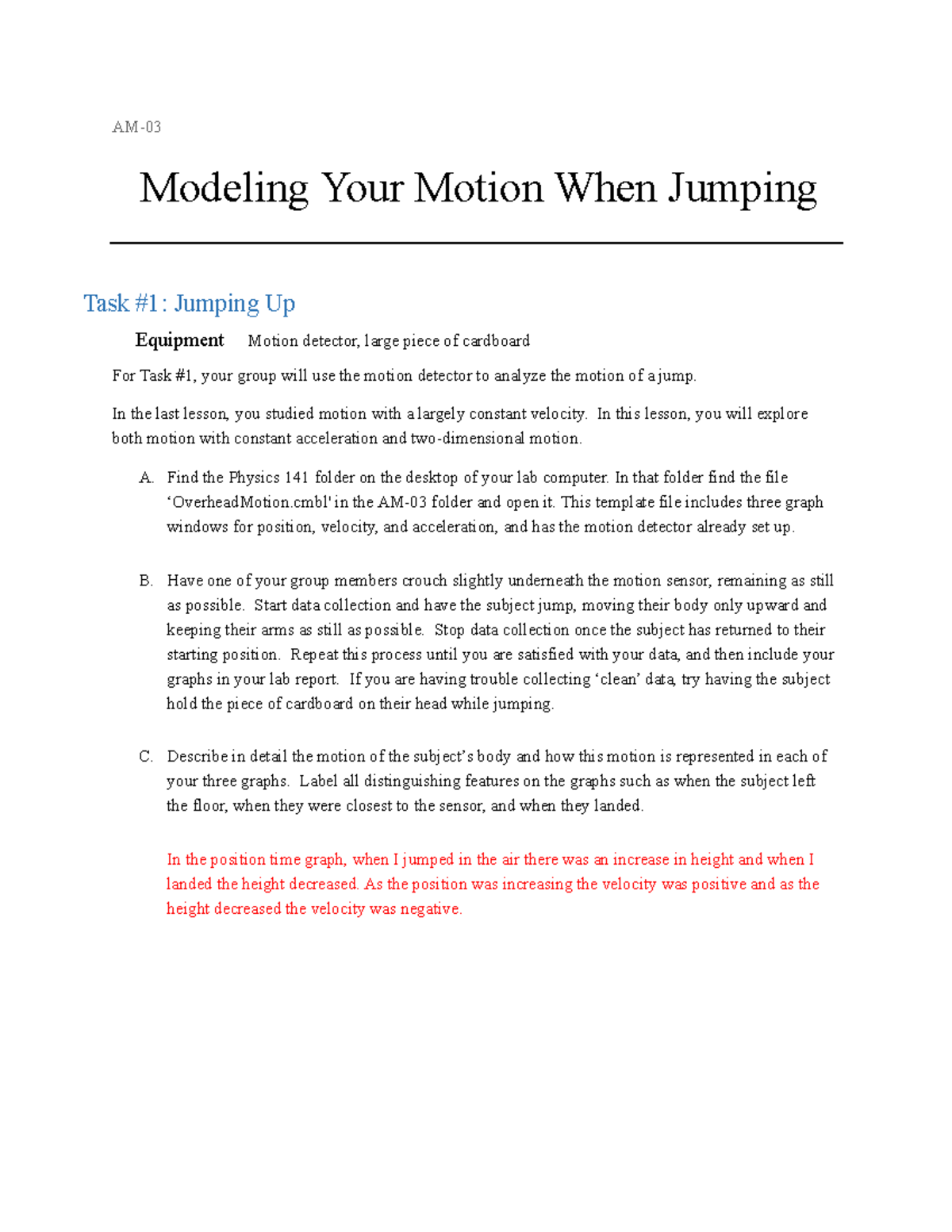 AM-03 Lab - Lab Report - AM- Modeling Your Motion When Jumping Task #1 ...