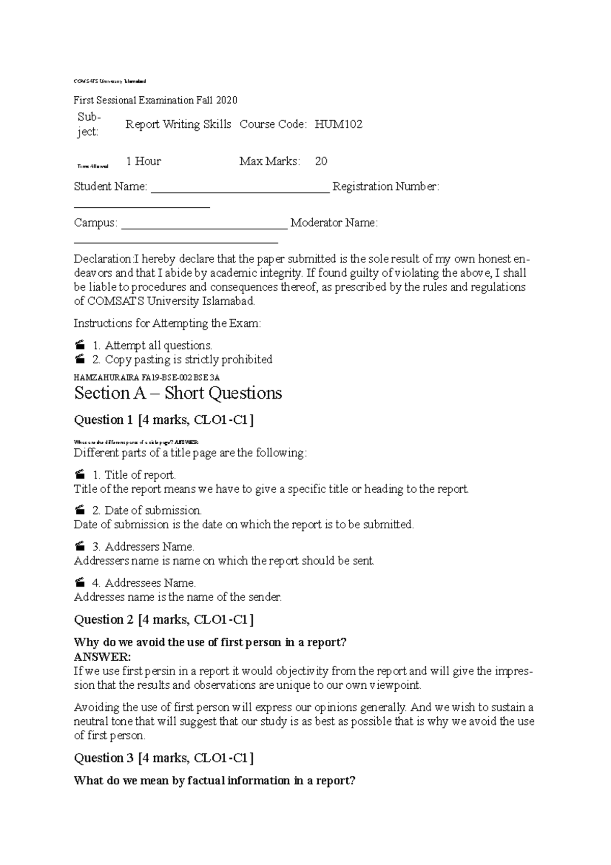 Rws past paper 4 - COMSATS University Islamabad First Sessional ...