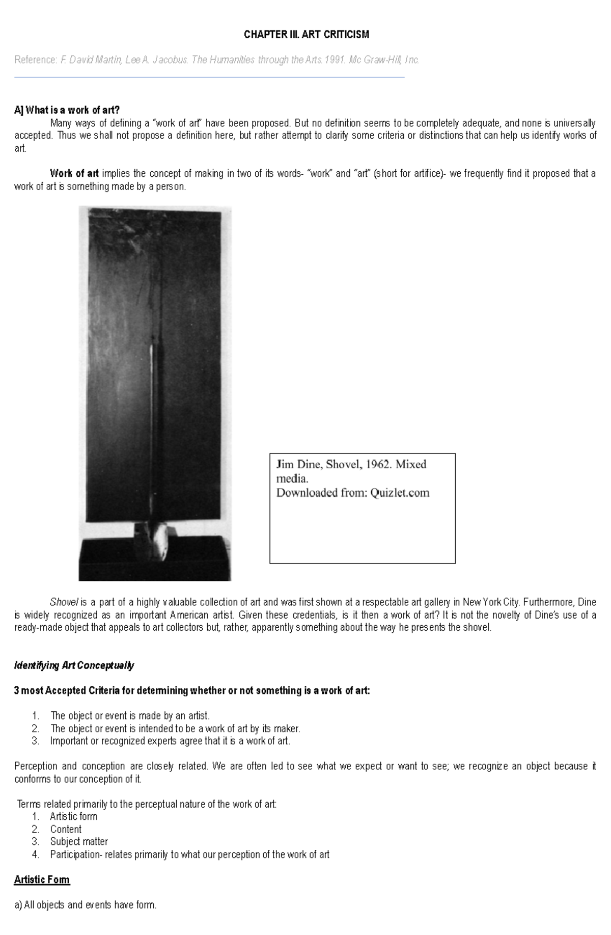 AH 24 Chapter III - notes - CHAPTER III. ART CRITICISM Reference: F ...