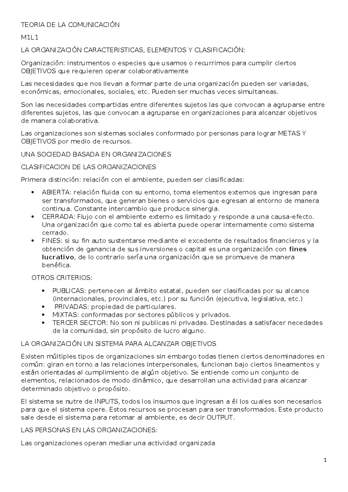 Resumen M1Y2 - TEORIA DE LA COMUNICACIÓN M1L LA ORGANIZACIÓN CARACTERISTICAS, ELEMENTOS Y - Studocu