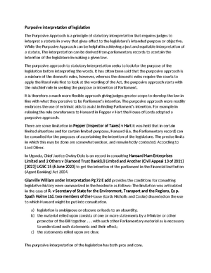 Describe the purposive approach using decided cases to illustrate your ...