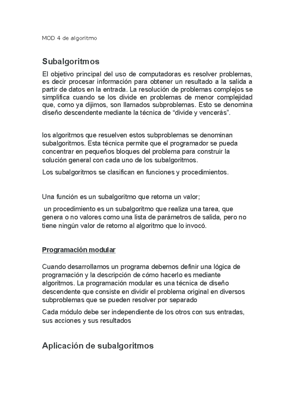 MOD 4 de algoritmo - resumen para repasar antes de parcial - MOD 4 de ...