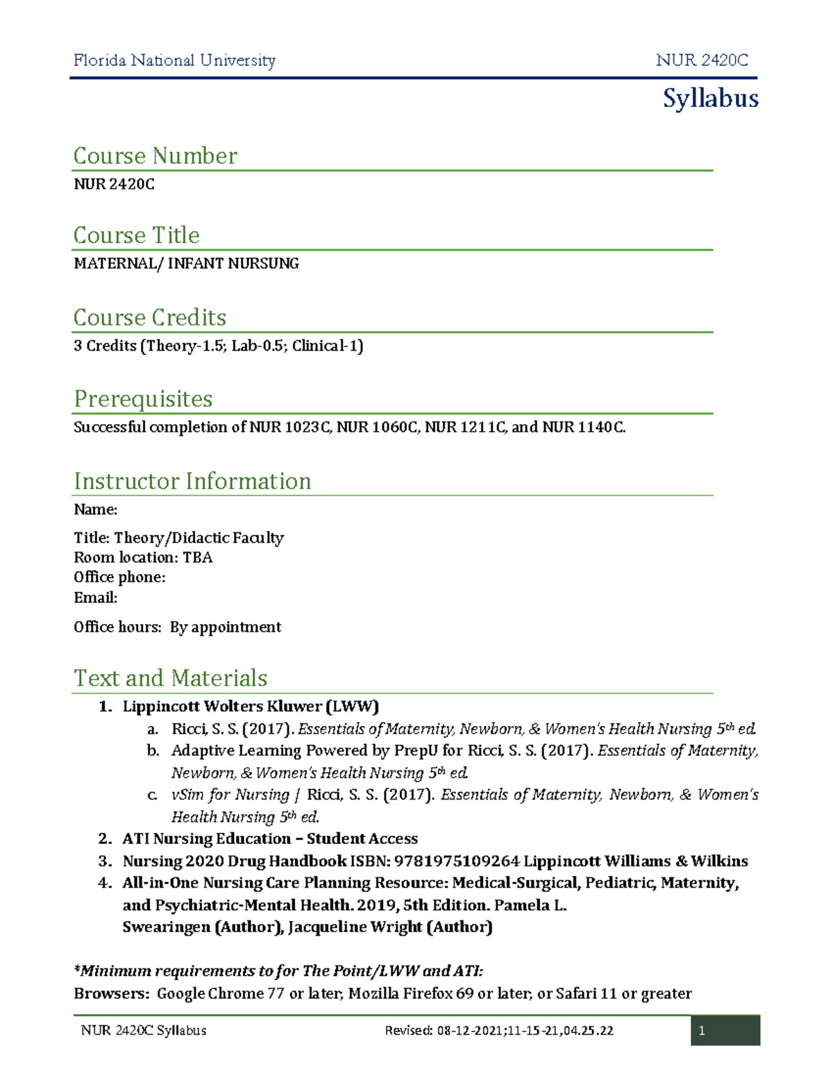 NUR2420C Maternal Infant Nursing 04 - Syllabus Course Number NUR 2420C ...