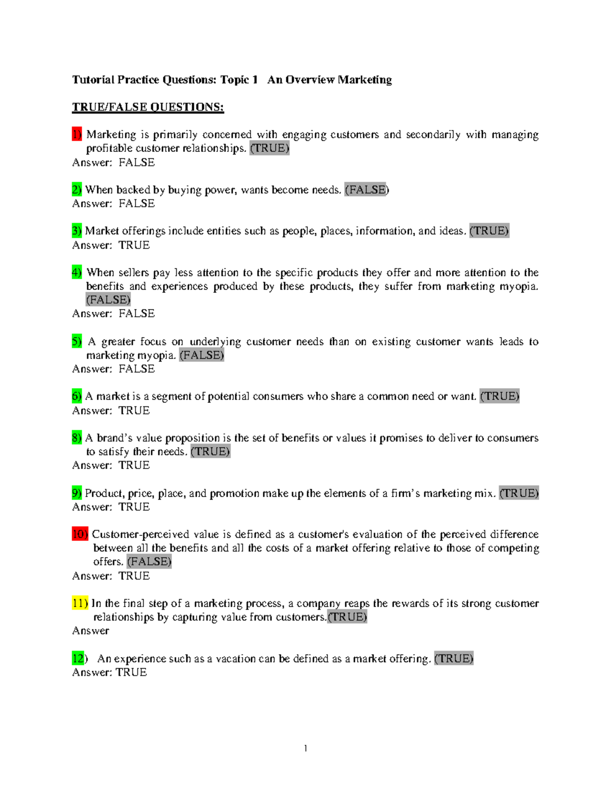 Practice Questions - Overview of Marketing - Tutorial Practice Questions: Topic 1 An Overview ...