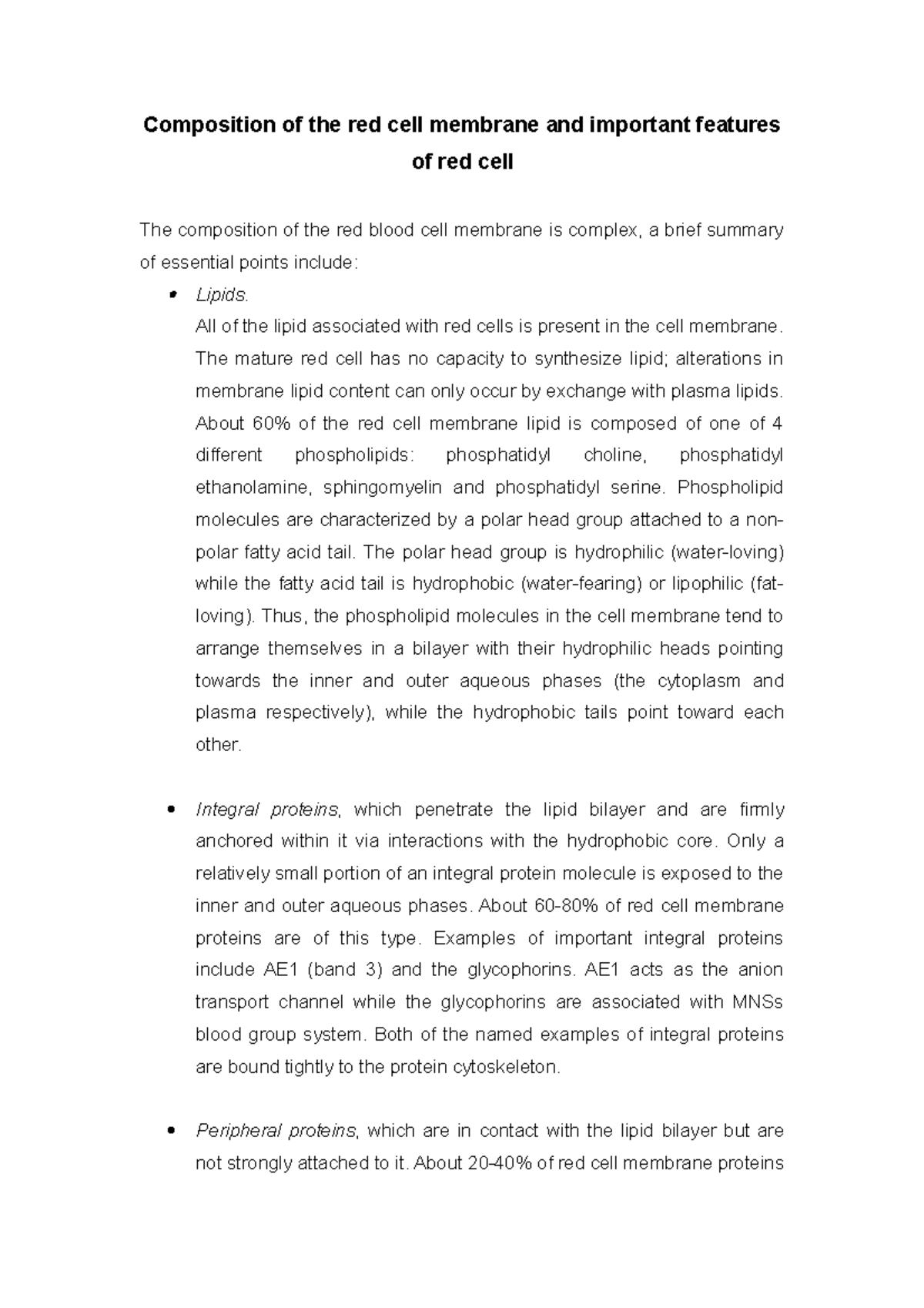 Composition of the red cell membrane and important features of red cell ...