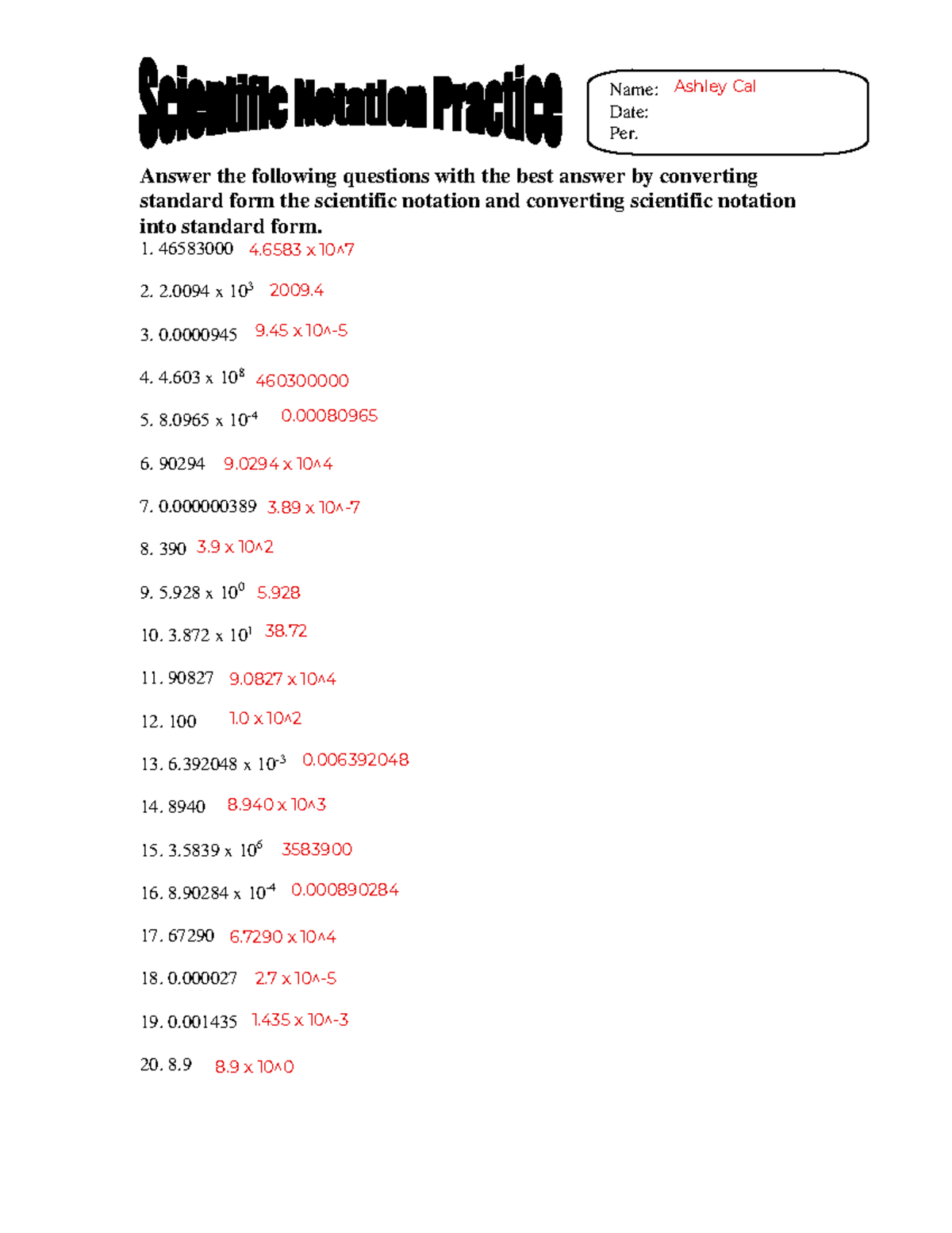 - Scientific Notation practice - Answer the following questions with ...