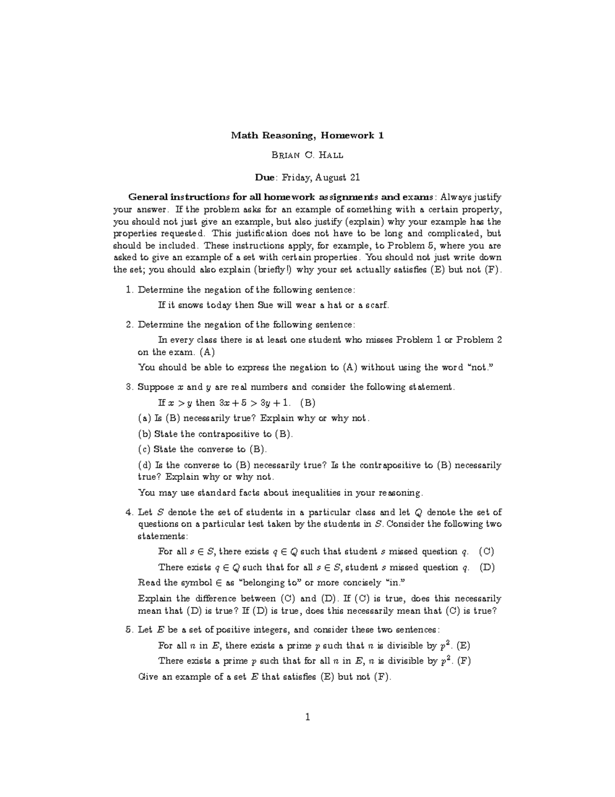 HW1 - Math 20630, Homework 1 Brian C. Hall - Math Reasoning, Homework 1 Brian C. Hall Due ...