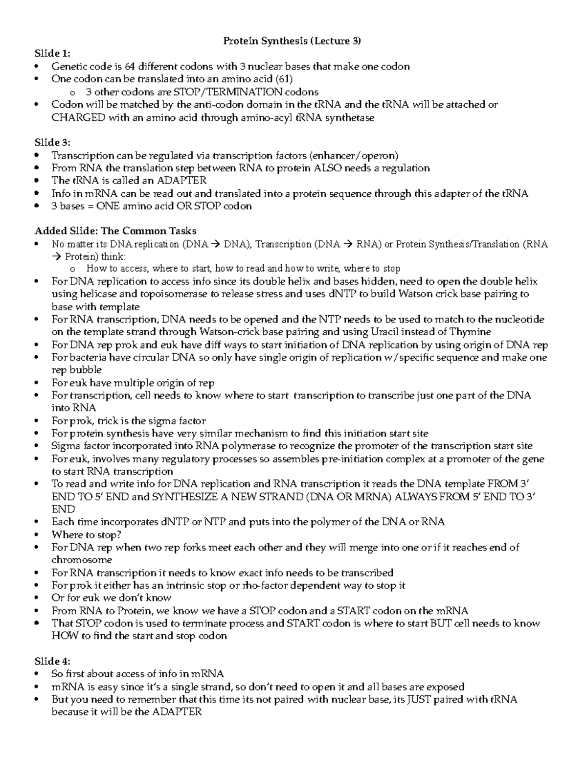 Lecture (3) 12-3-15 - Ponticelli Notes - Protein Synthesis (Lecture 3 ...