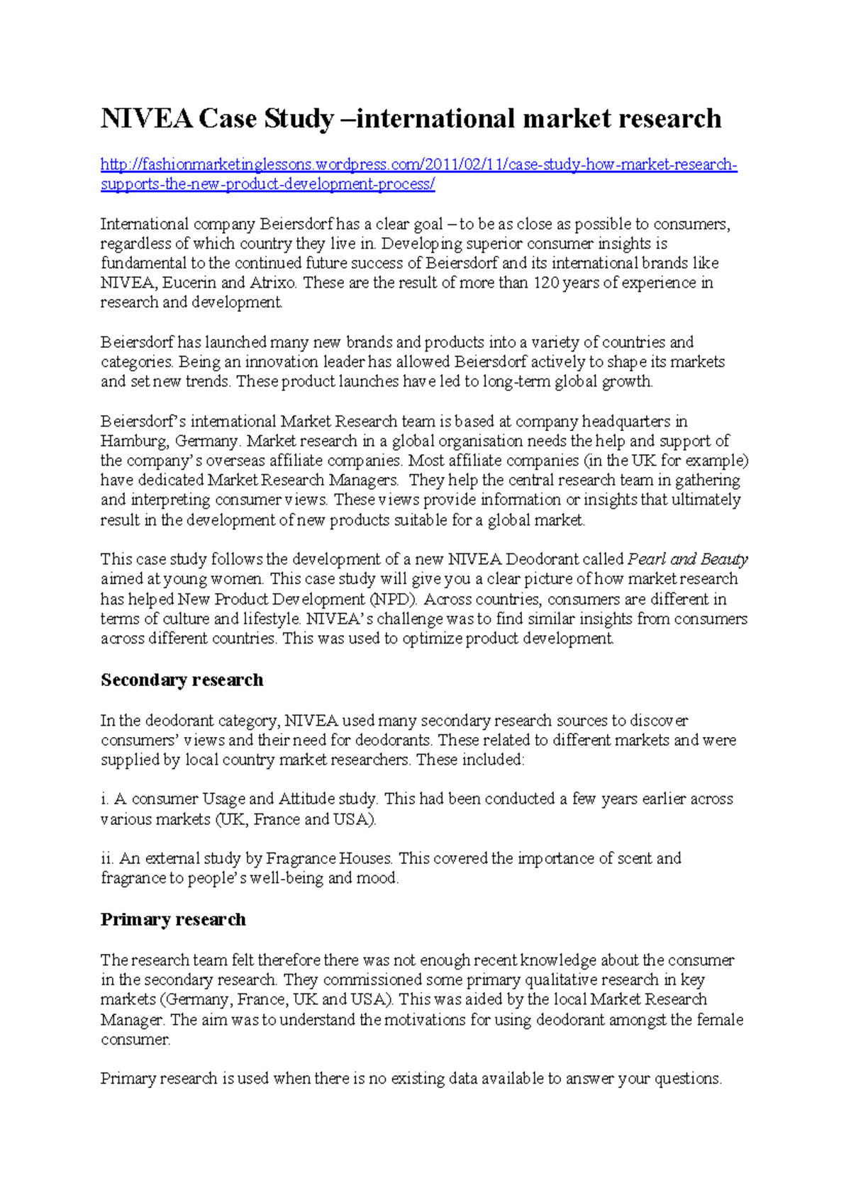 Nivea Case Study int - NIVEA Case Study – international market research - Studocu