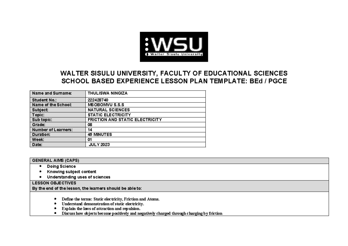 NS Lesson PLAN static copy - WALTER SISULU UNIVERSITY, FACULTY OF ...