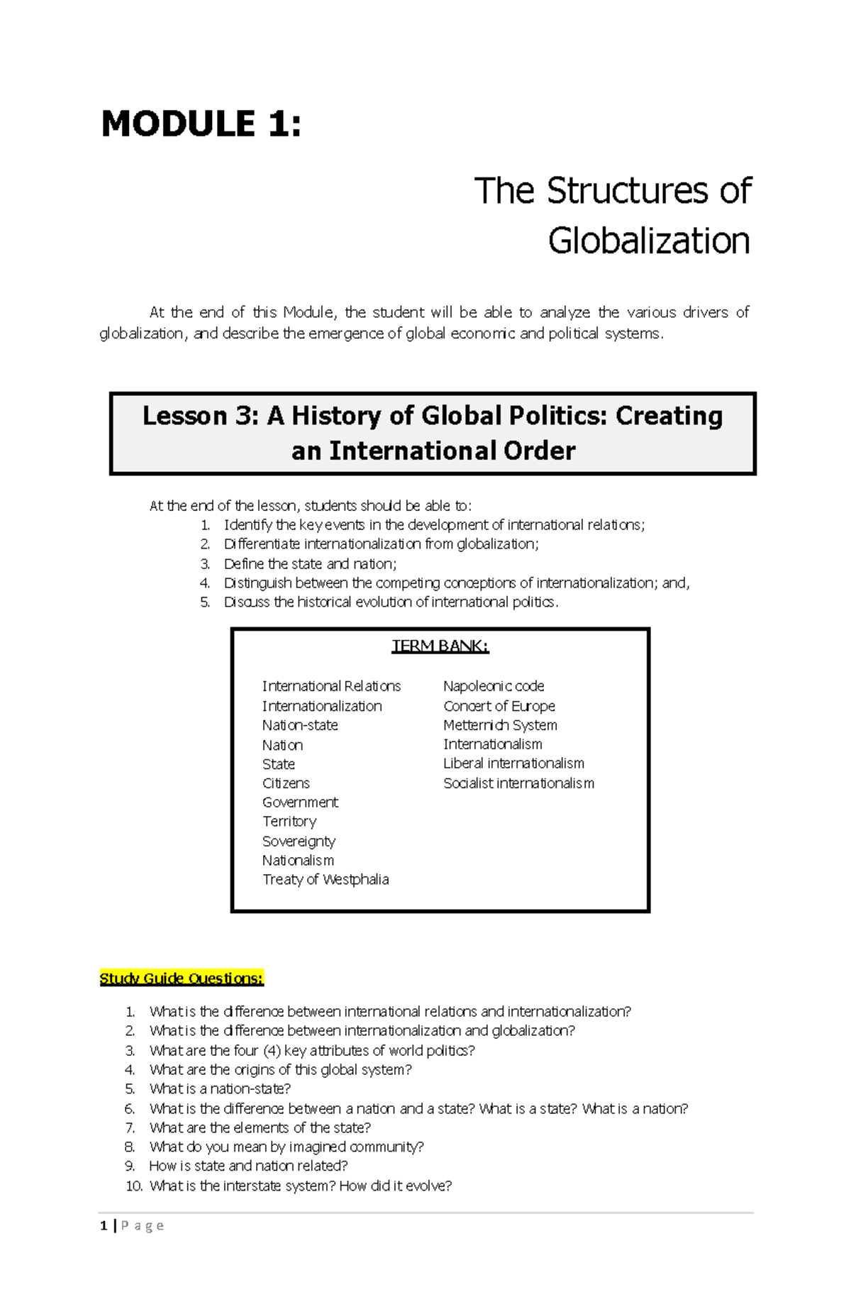 Lesson 3 Lecture Notes - Lesson 3: A History of Global Politics ...