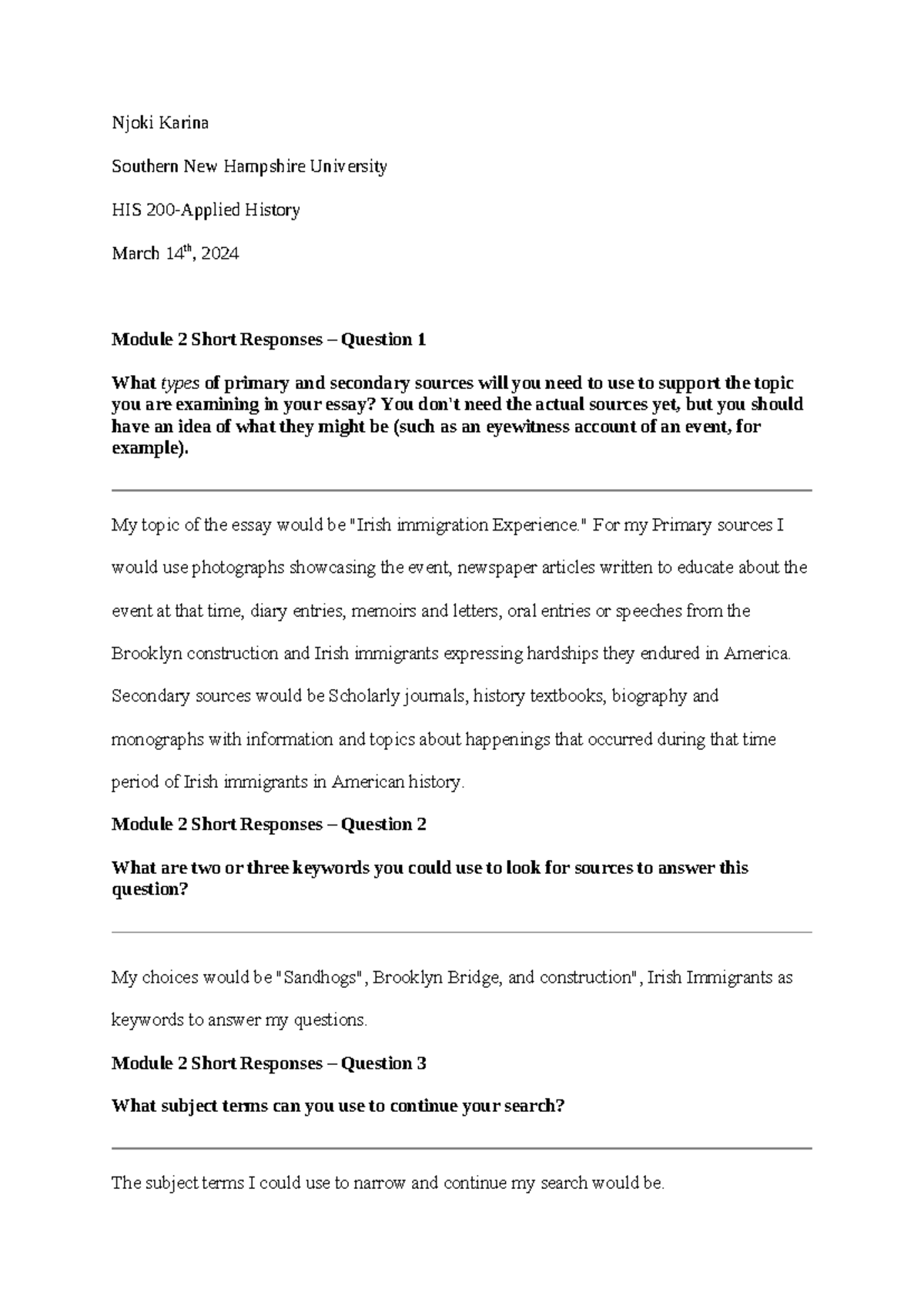 Module 2- Short Response Question 1 - Njoki Karina Southern New ...
