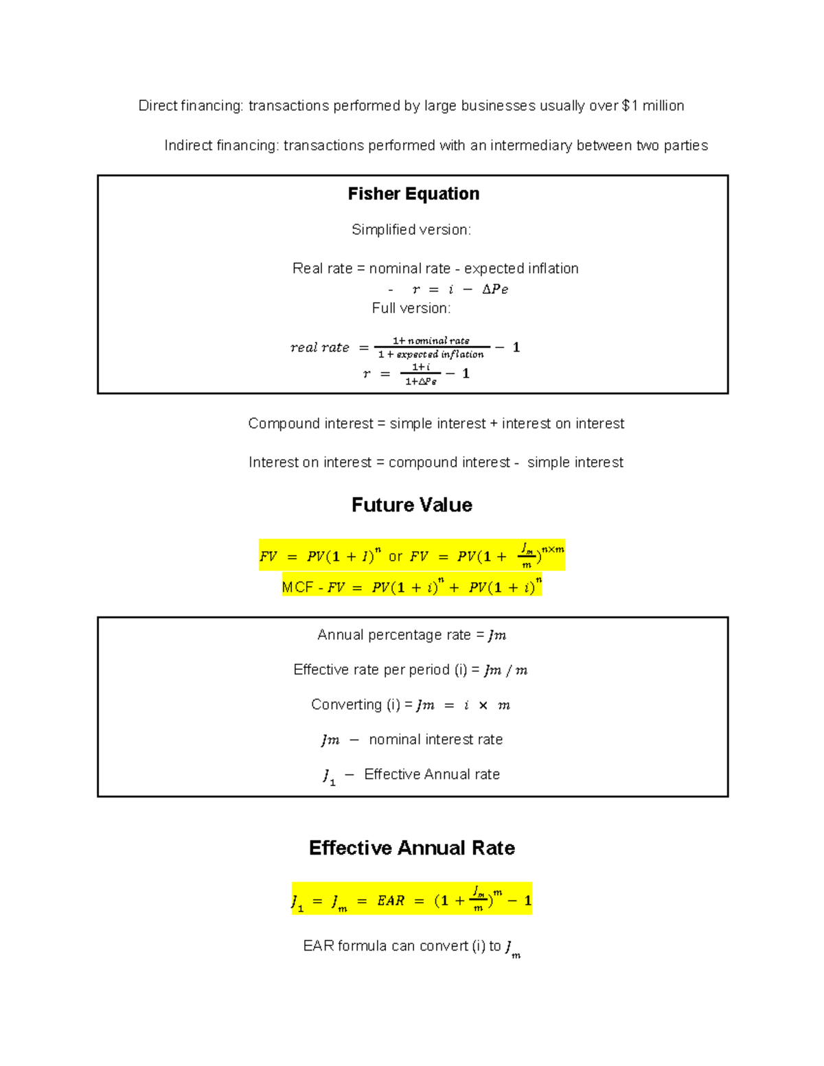Finance Formula Sheet - Direct financing: transactions performed by ...