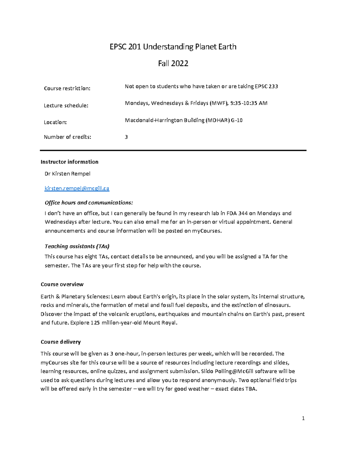 EPSC 201 Course Outline - EPSC 201 Understanding Planet Earth Fall 2022 ...