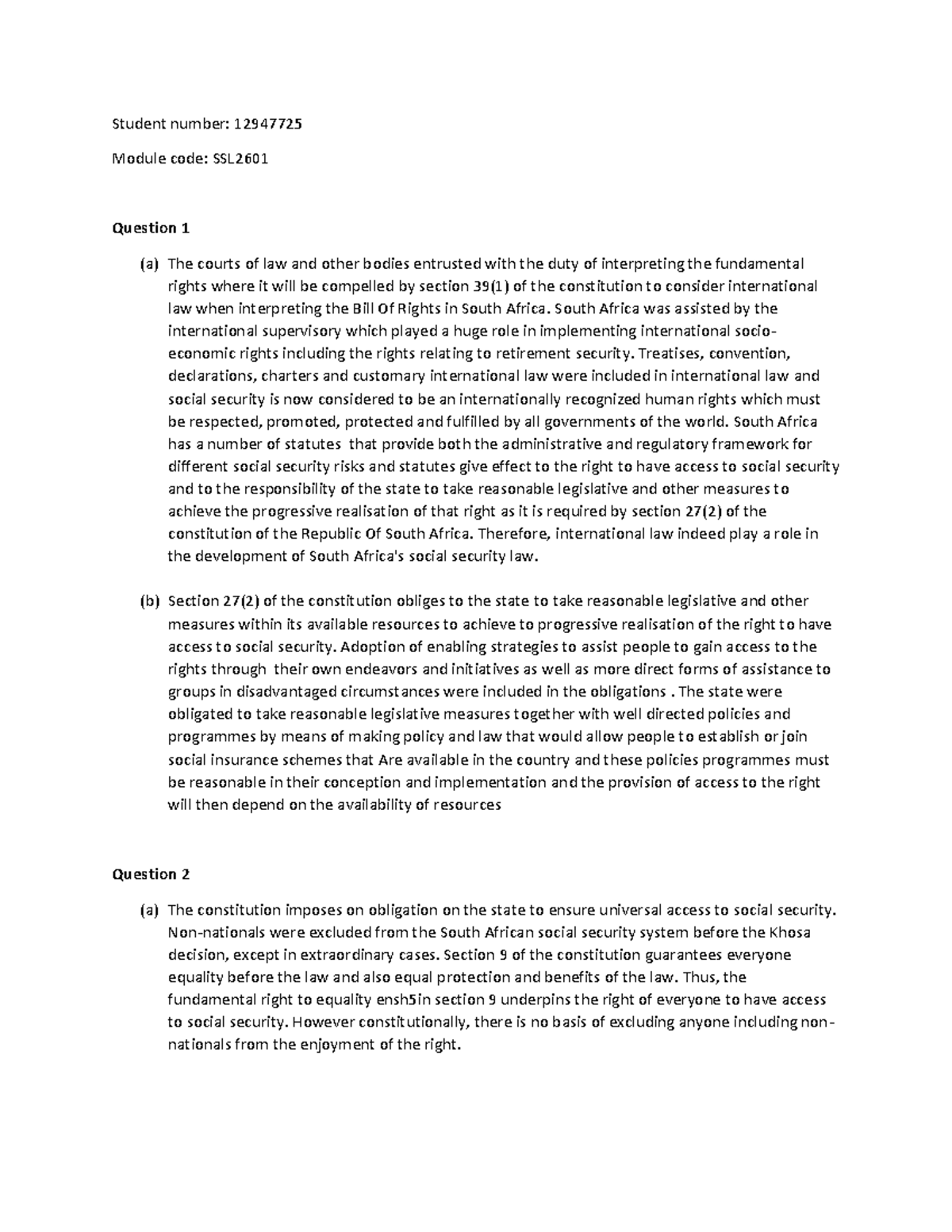 SSL2601 EXAM2 - Exam - Student number: 12947725 Module code: SSL Question 1 (a) The courts of ...