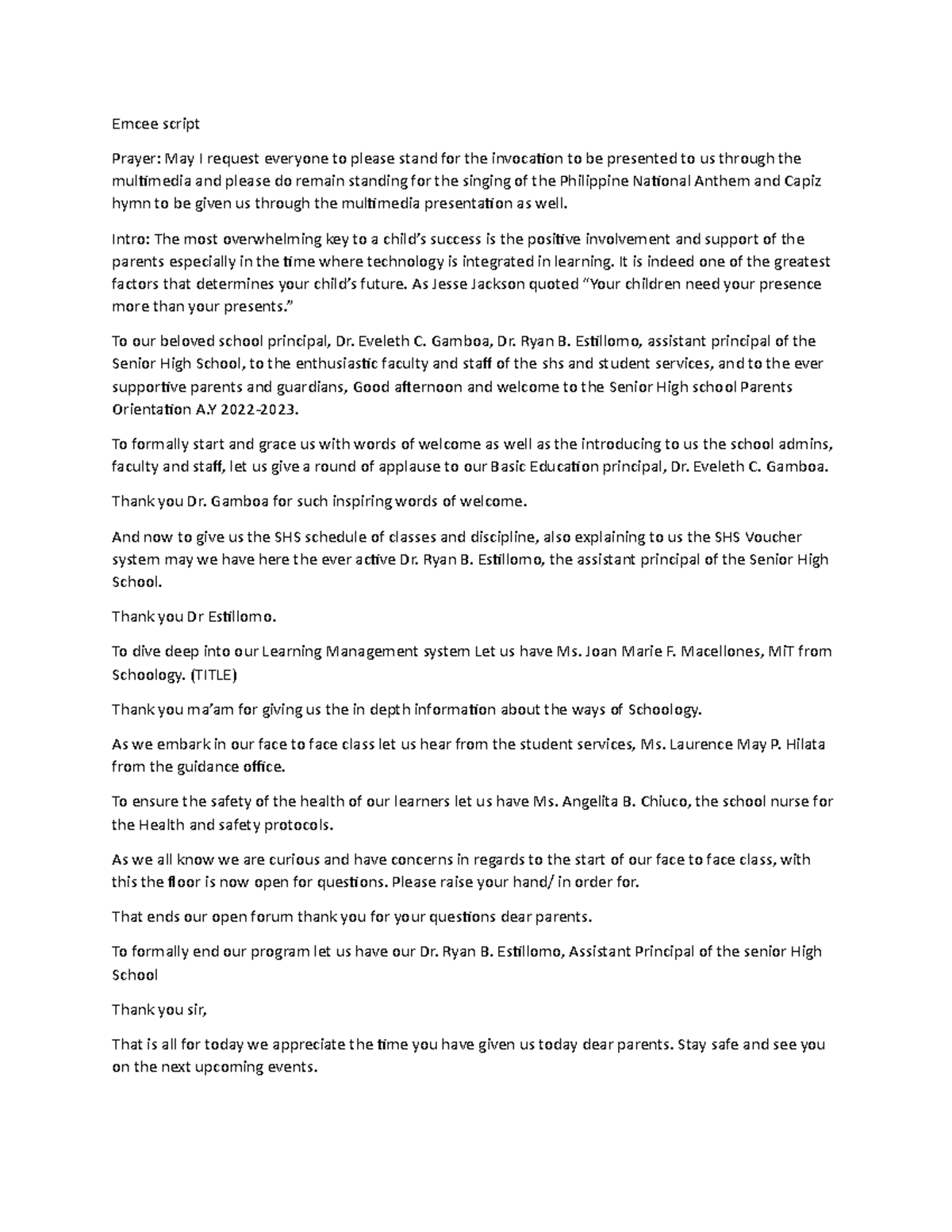 Script Orientation - UAd - Emcee script Prayer: May I request everyone ...