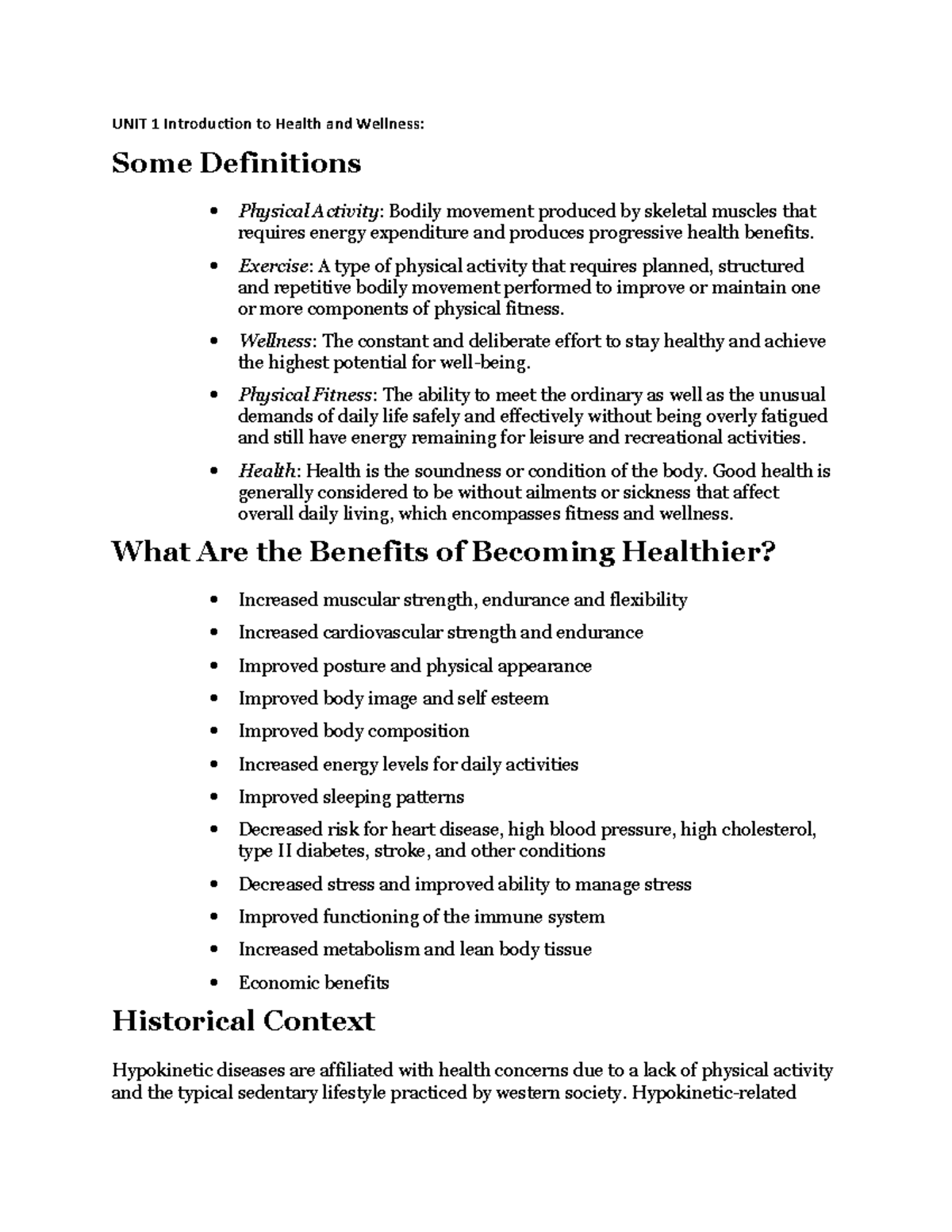 Unit 1-4 slide notes - UNIT 1 Introducion to Health and Wellness: Some ...