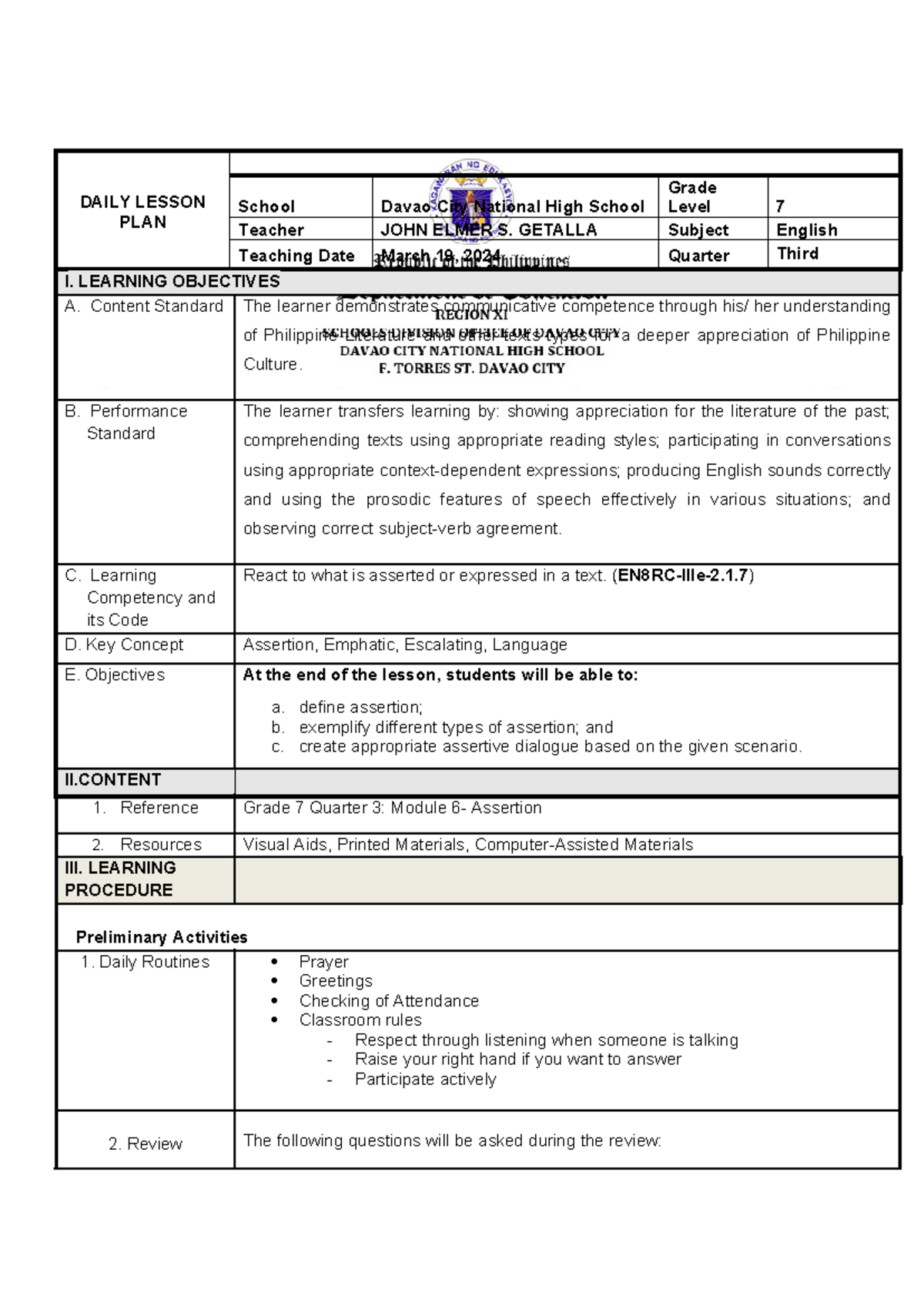 Lesson Plan Quarter 3- Module 6; Assertion - DAILY LESSON PLAN School ...