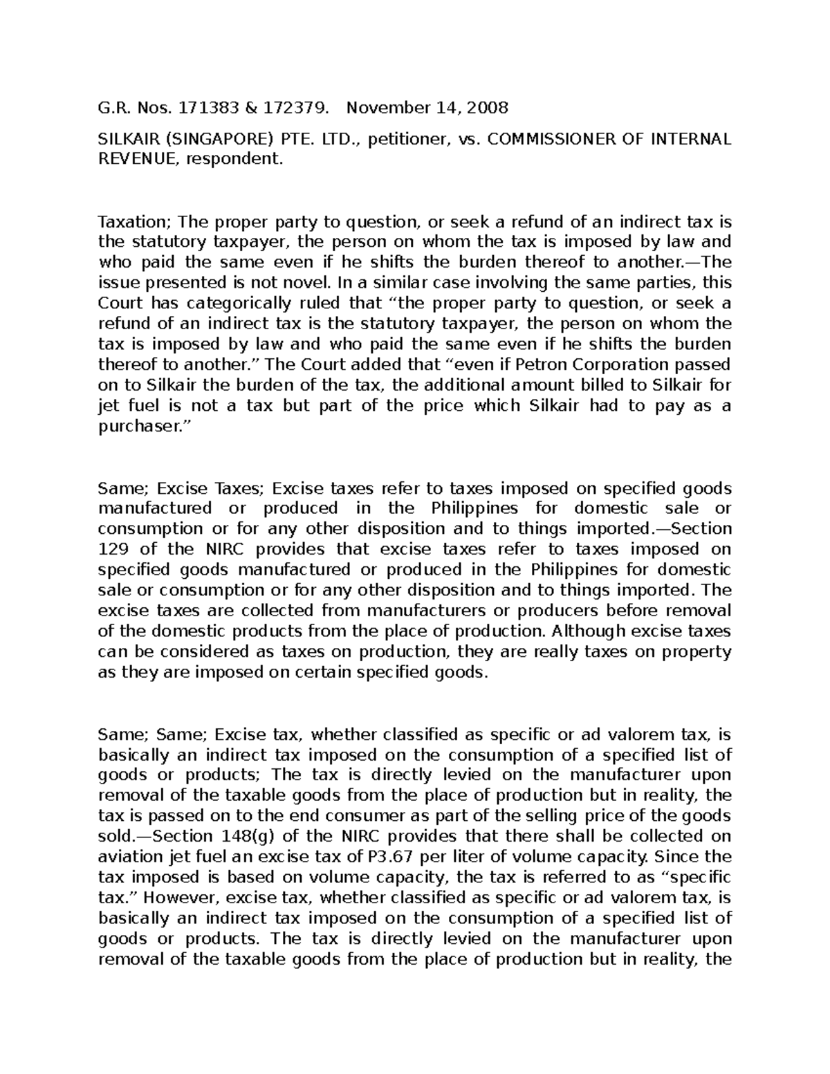 Escra - Notes on Tax Refund Cases - G. Nos. 171383 & 172379. November ...