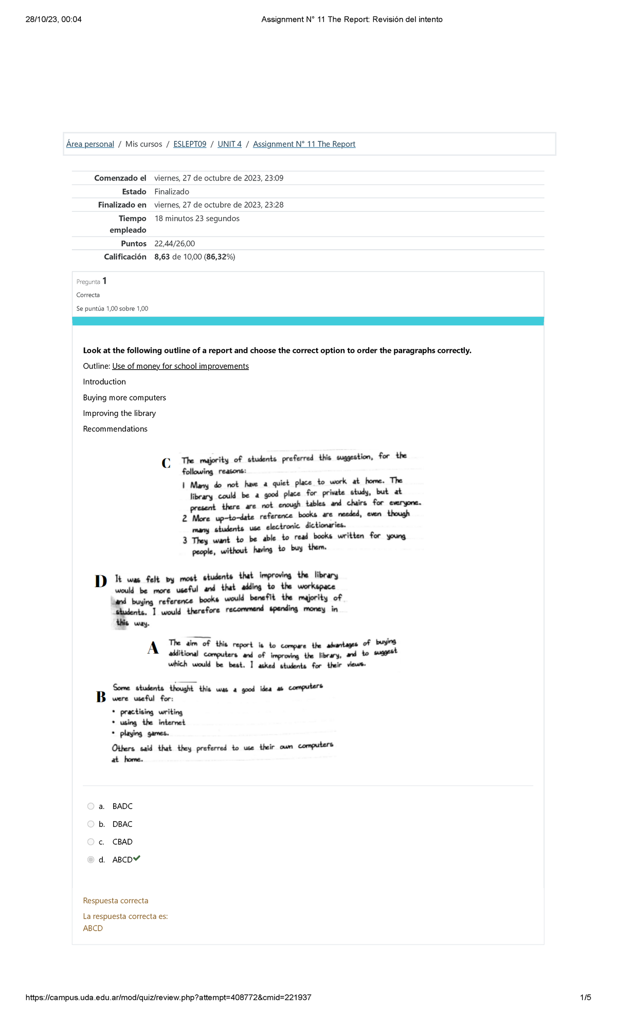 Assignment N° 11 The Report Revisión del intento - Comenzado el viernes, 27 de octubre de 2023 ...