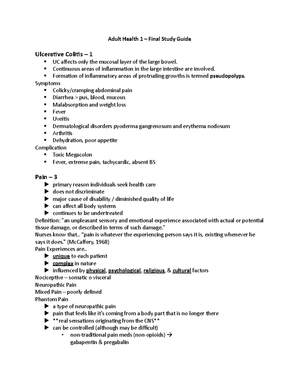 Adult Health 1 - Final Study Guide - Adult Health 1 – Final Study Guide ...