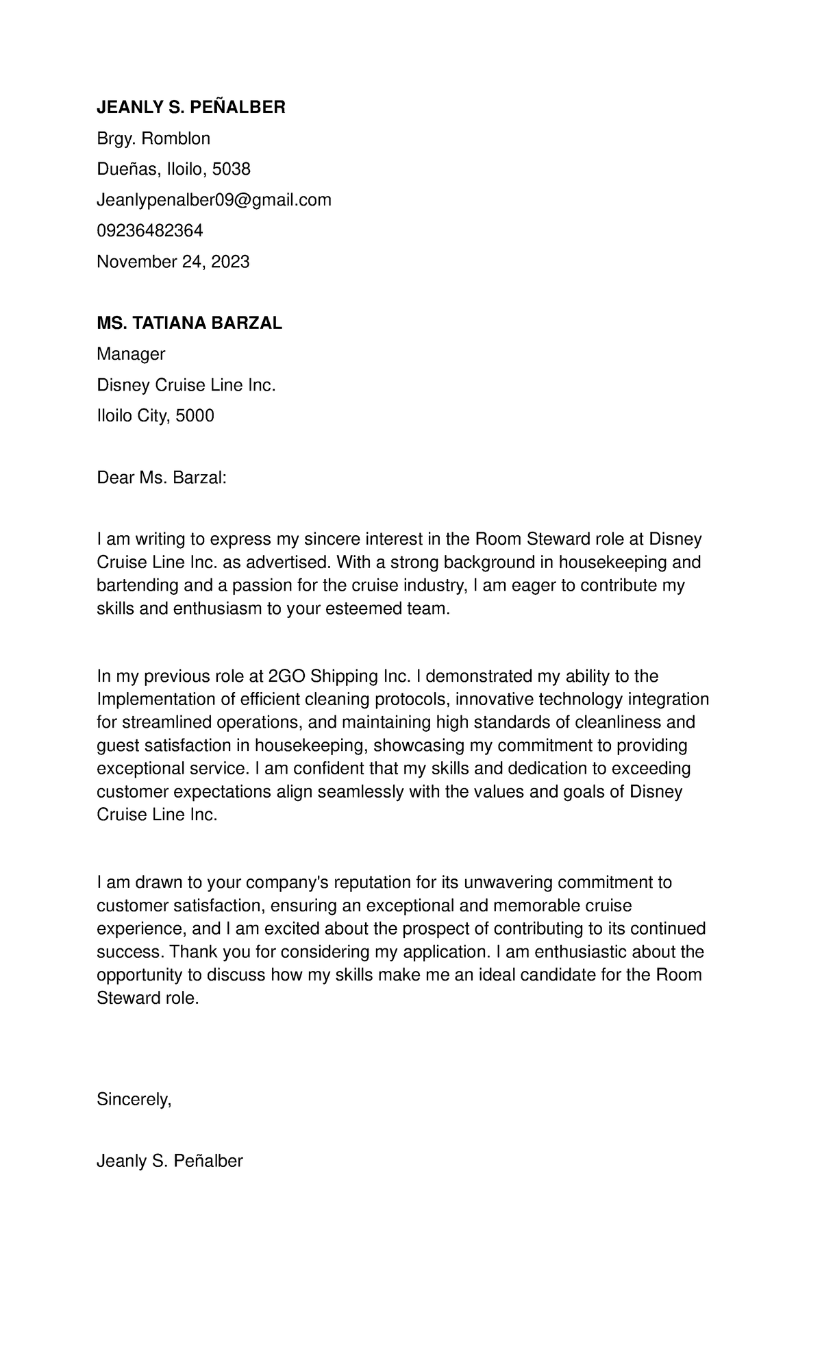 Application Letter - jln - JEANLY S. PEÑALBER Brgy. Romblon Dueñas ...