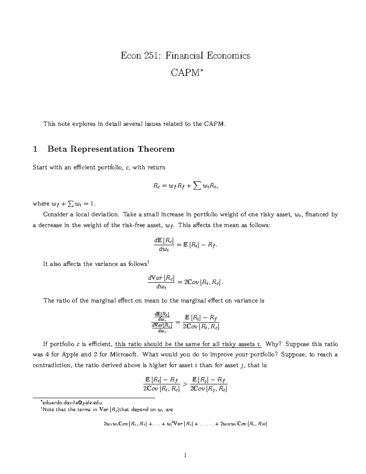 04 handout CAPM - Econ 251: Financial Economics CAPM∗ This note ...
