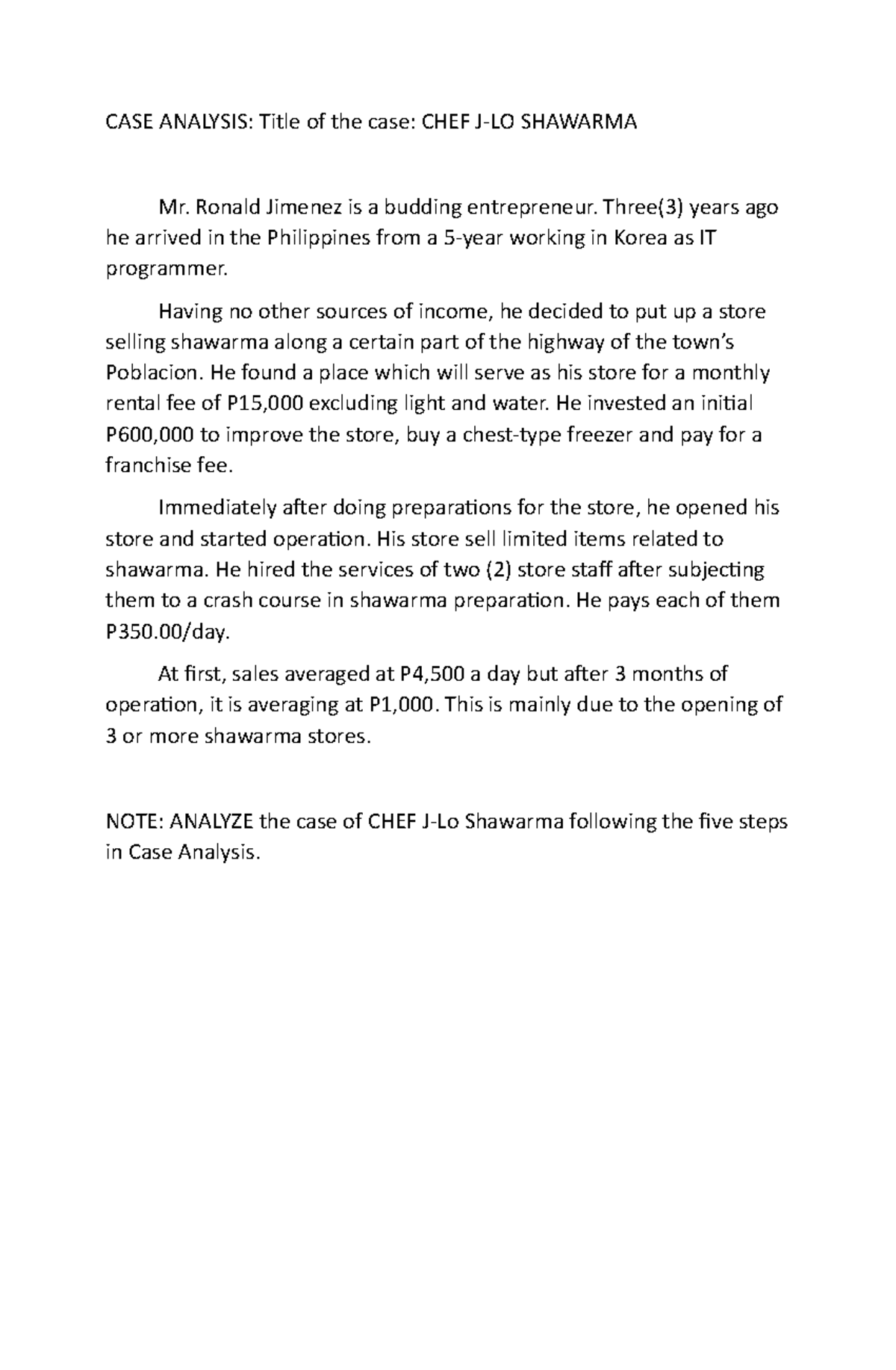 CASE- Analysis-chef - Case Analysis - Bachelor of Science in ...