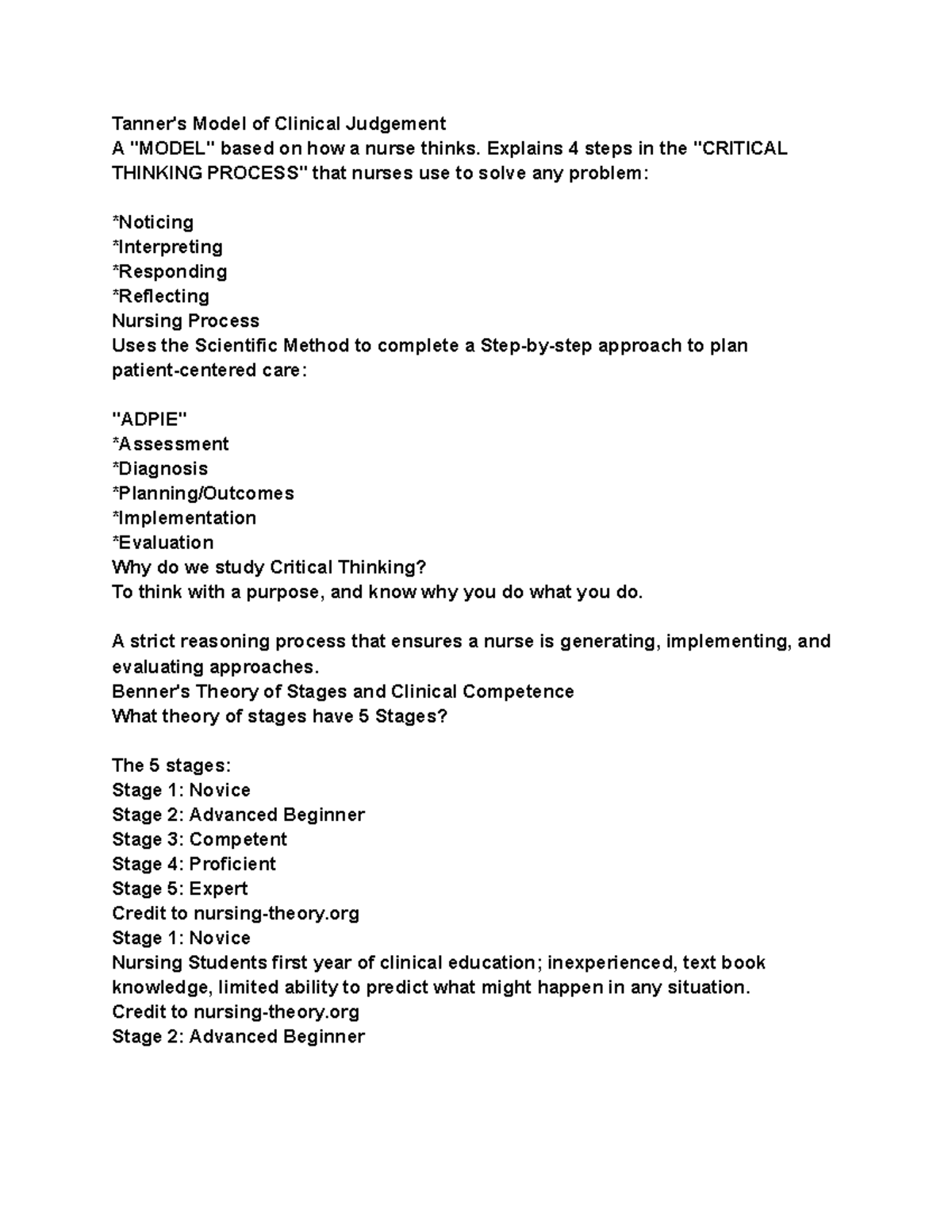 Nursing fundamentals pt.2 - Tanner's Model of Clinical Judgement A ...